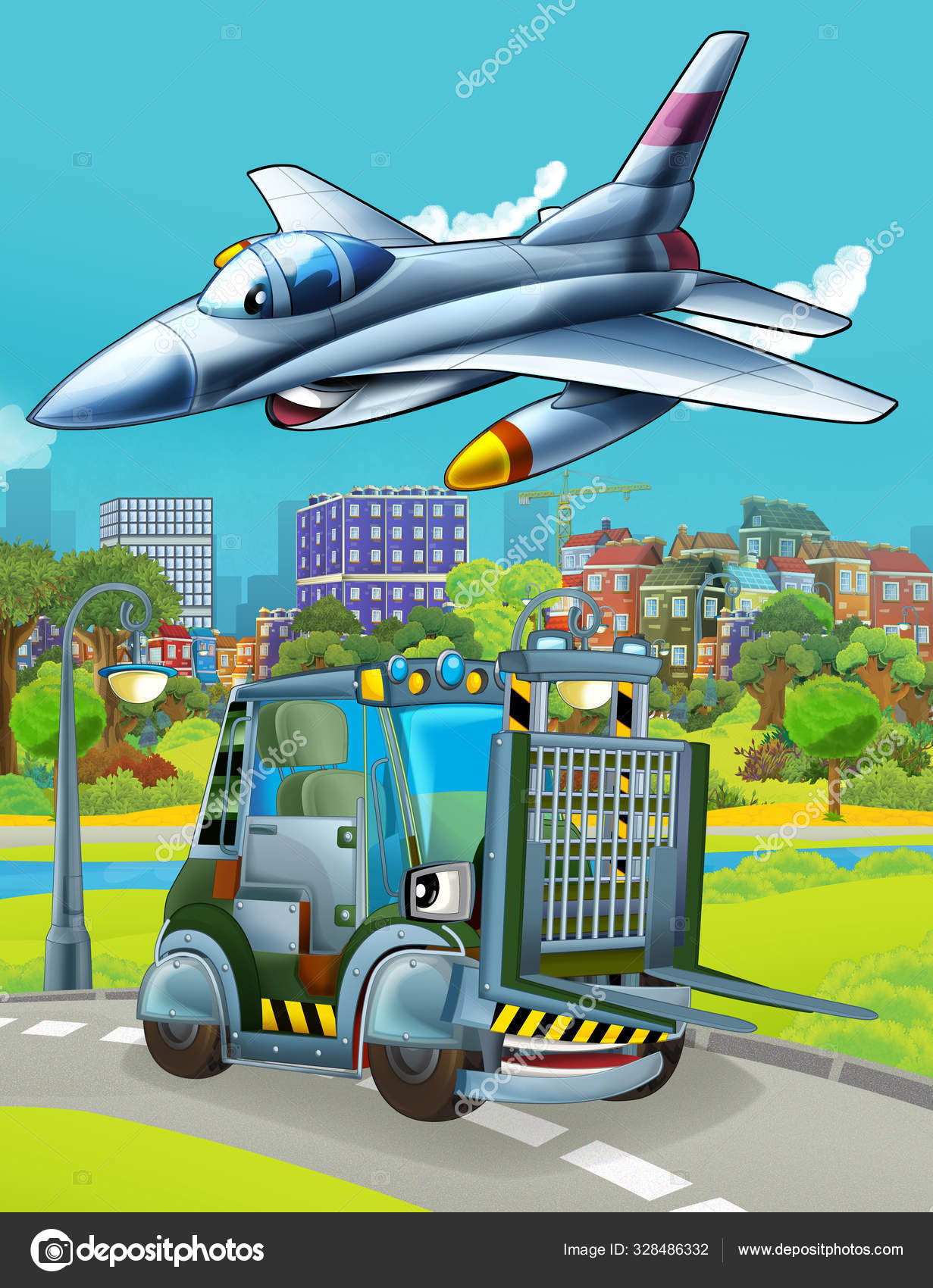 Cartoon scene with military army car vehicle on the road and jet plane ...