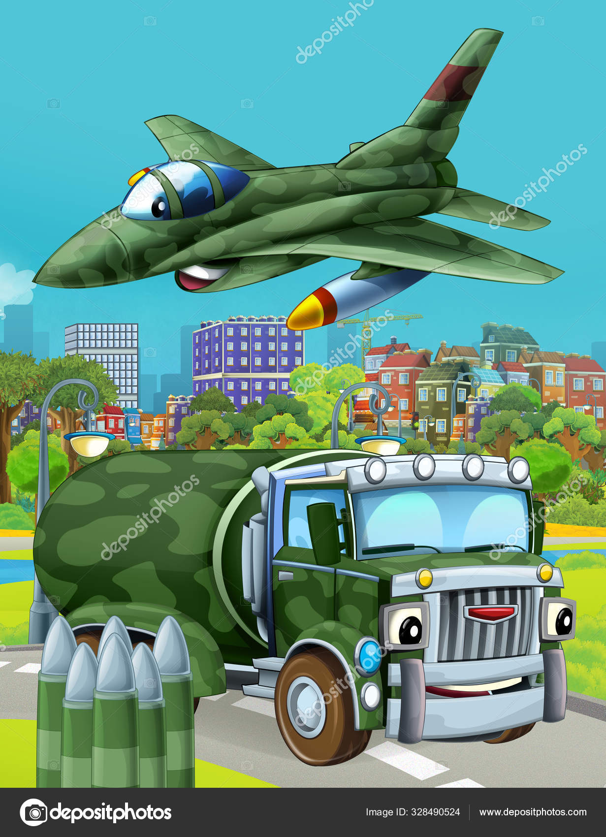 Cartoon scene with military army car vehicle on the road and jet plane ...