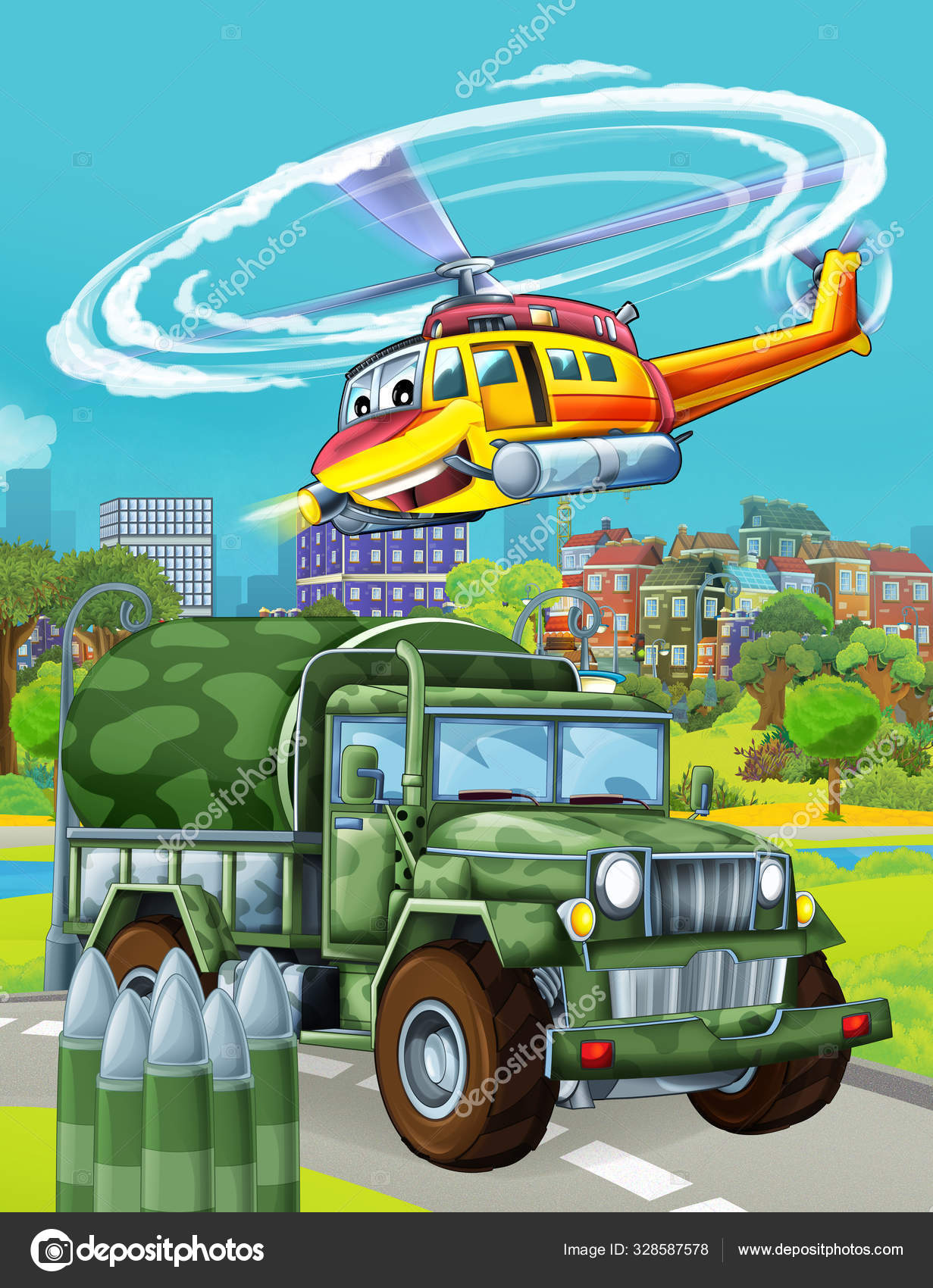 Cartoon scene with military army car vehicle on the road and rescue or ...