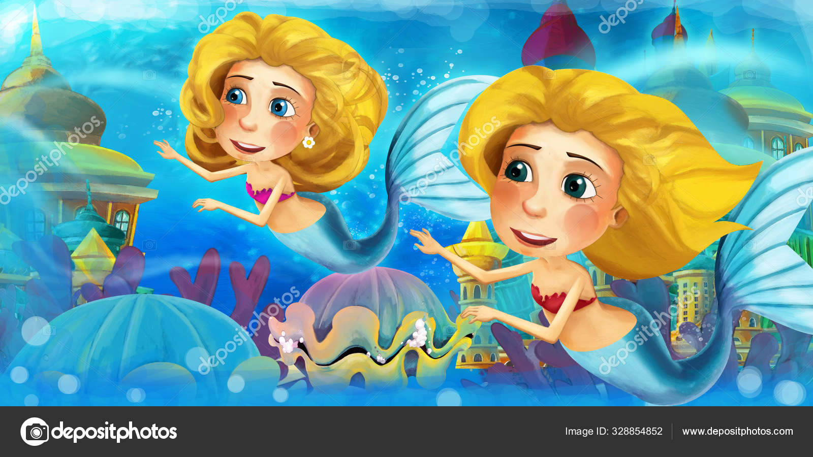Cartoon ocean and the mermaid in underwater kingdom swimming and having ...