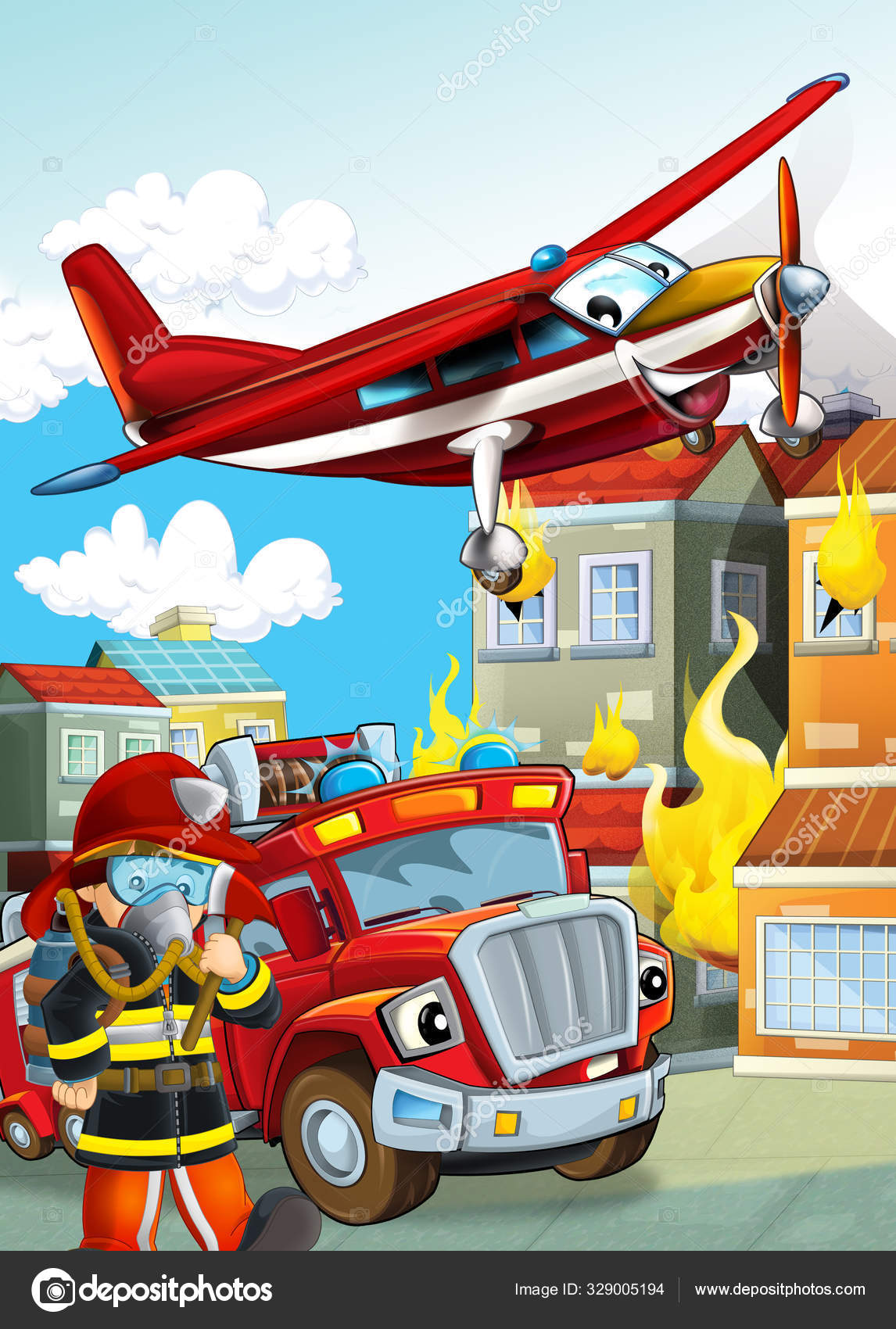 Cartoon scene with different fire fighter machines helicopter an Stock ...