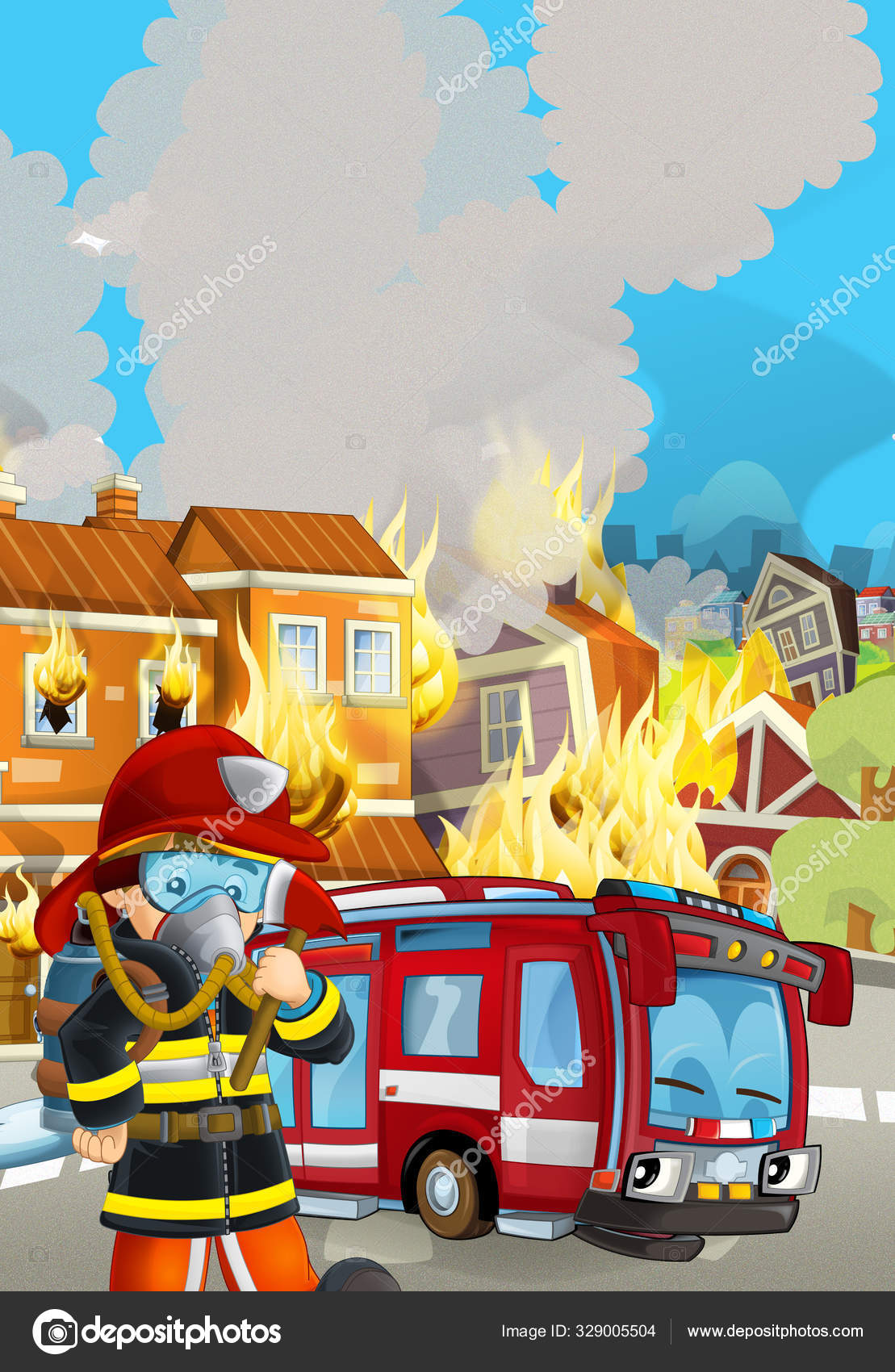 Cartoon scene with fireman car vehicle near burning building - i Stock ...