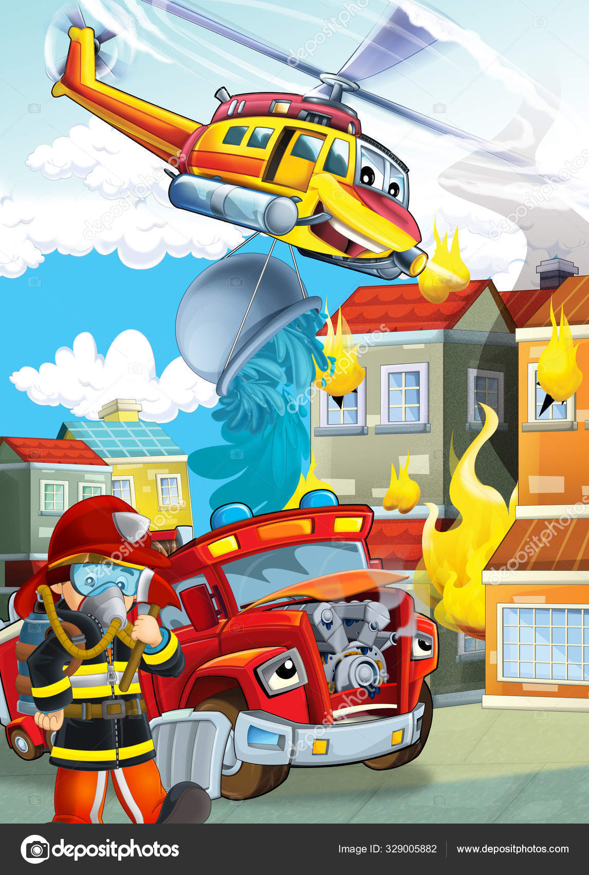 Cartoon stage with different machines for firefighting helicopte Stock ...