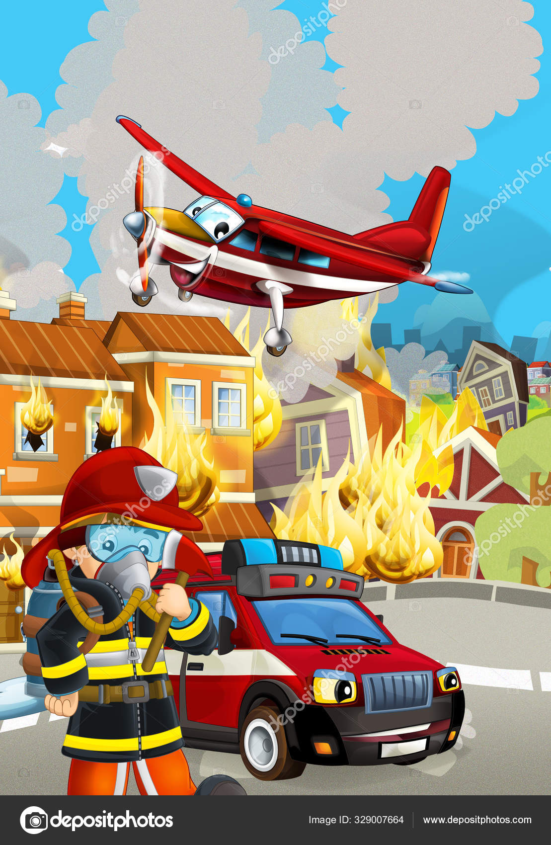 Cartoon scene with fireman car vehicle near burning building - i Stock ...