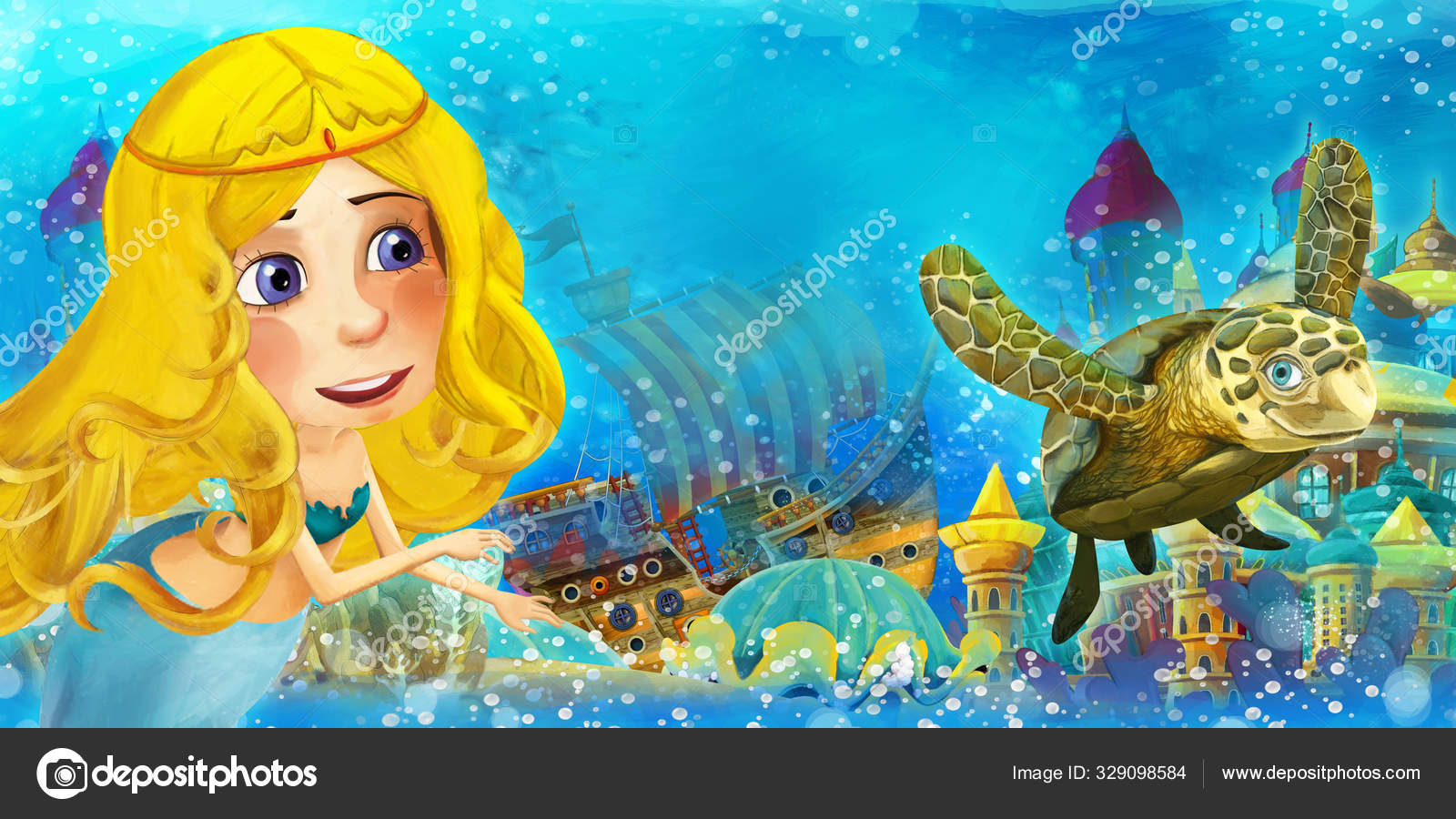 Cartoon ocean and the mermaid in underwater kingdom swimming and having ...