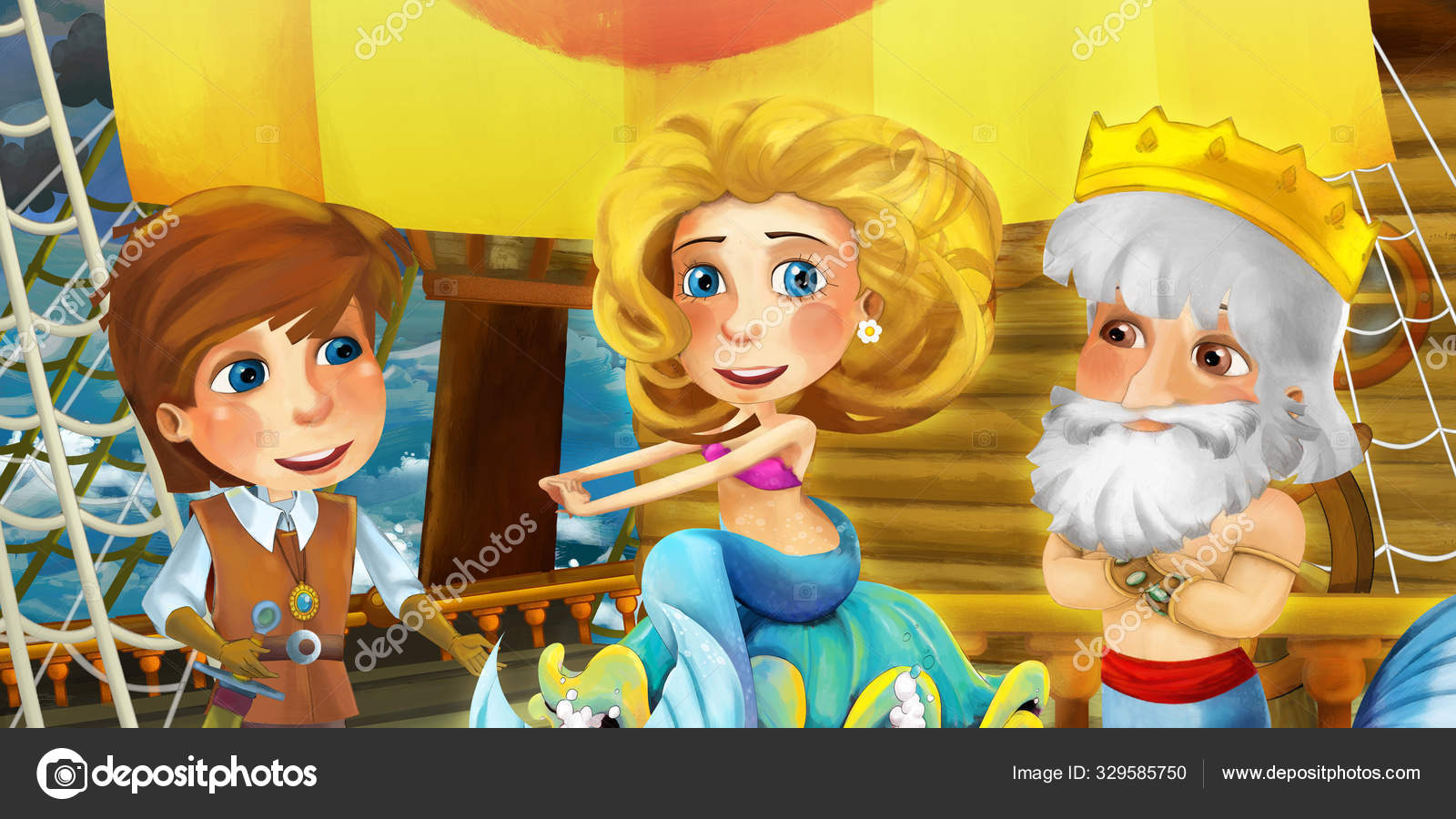 Cartoon scene on the ship with prince captain on the deck and other ...