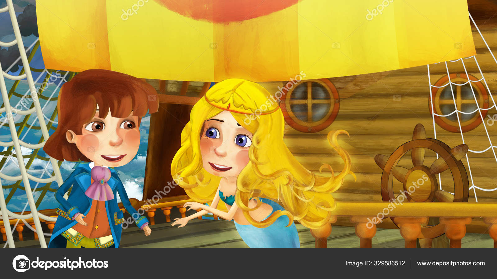 Cartoon scene on the ship with prince captain on the deck and other ...