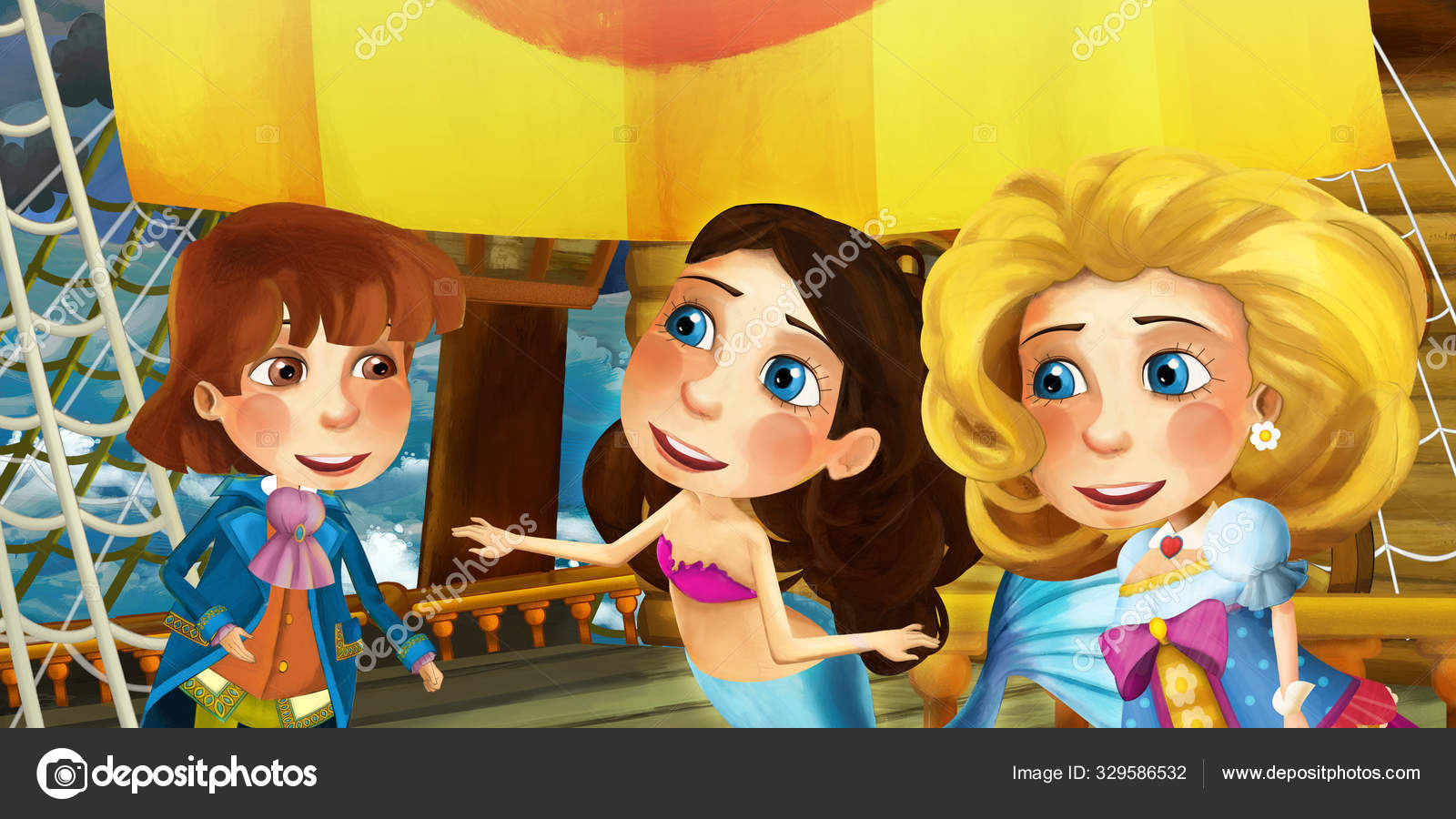 Cartoon scene on the ship with prince captain on the deck and other ...