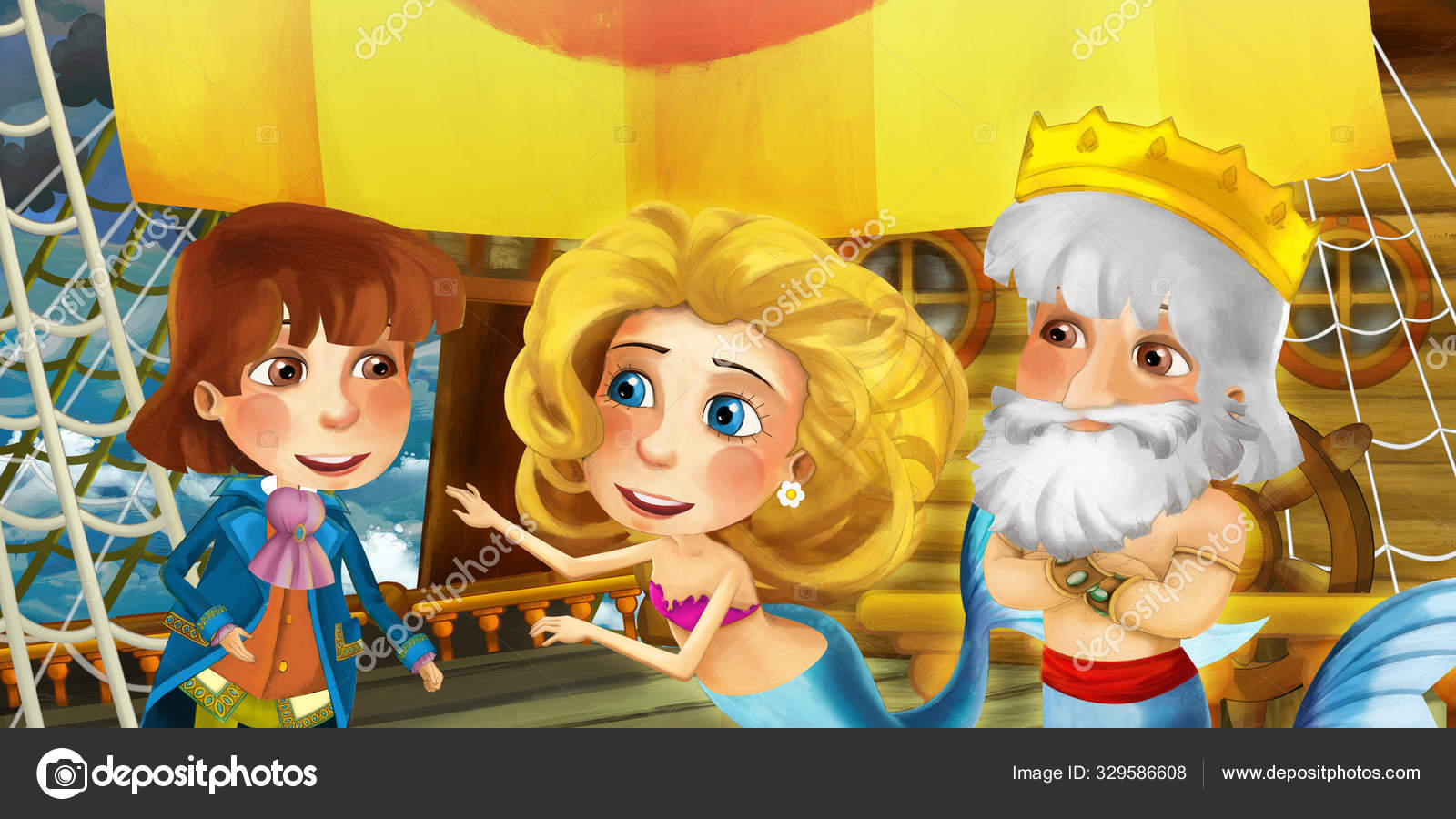 Cartoon scene on the ship with prince captain on the deck and other ...