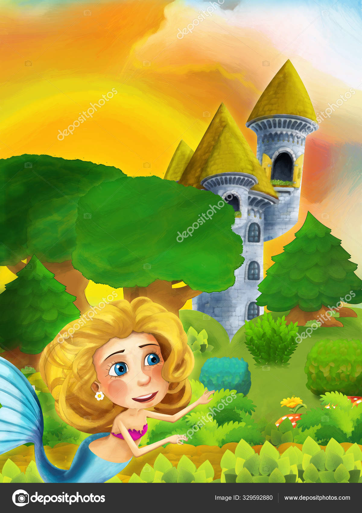 Cartoon forest scene with princess standing on path near the forest and ...