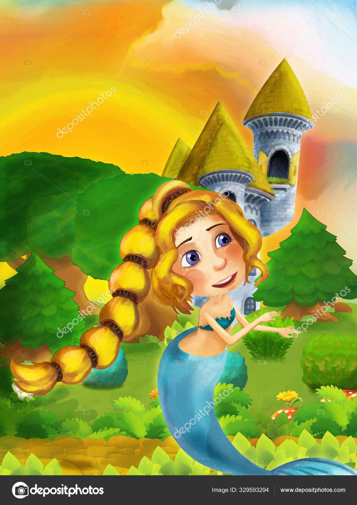 Cartoon forest scene with princess standing on path near the forest and ...