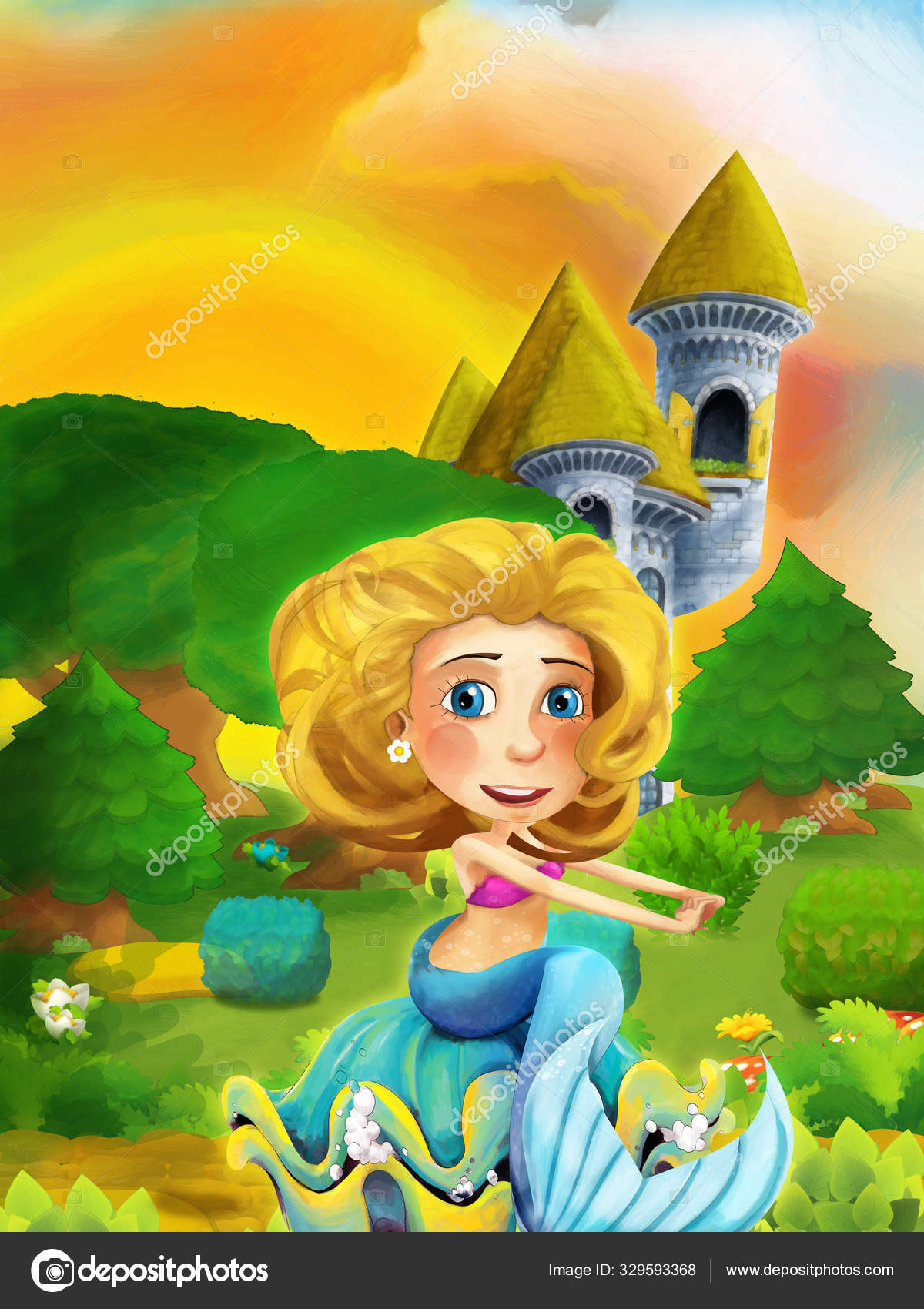 Cartoon forest scene with princess standing on path near the forest and ...