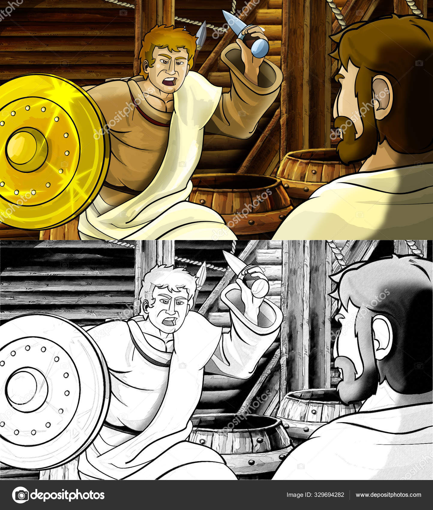 Cartoon scene with roman or greek ancient character inside woode Stock ...