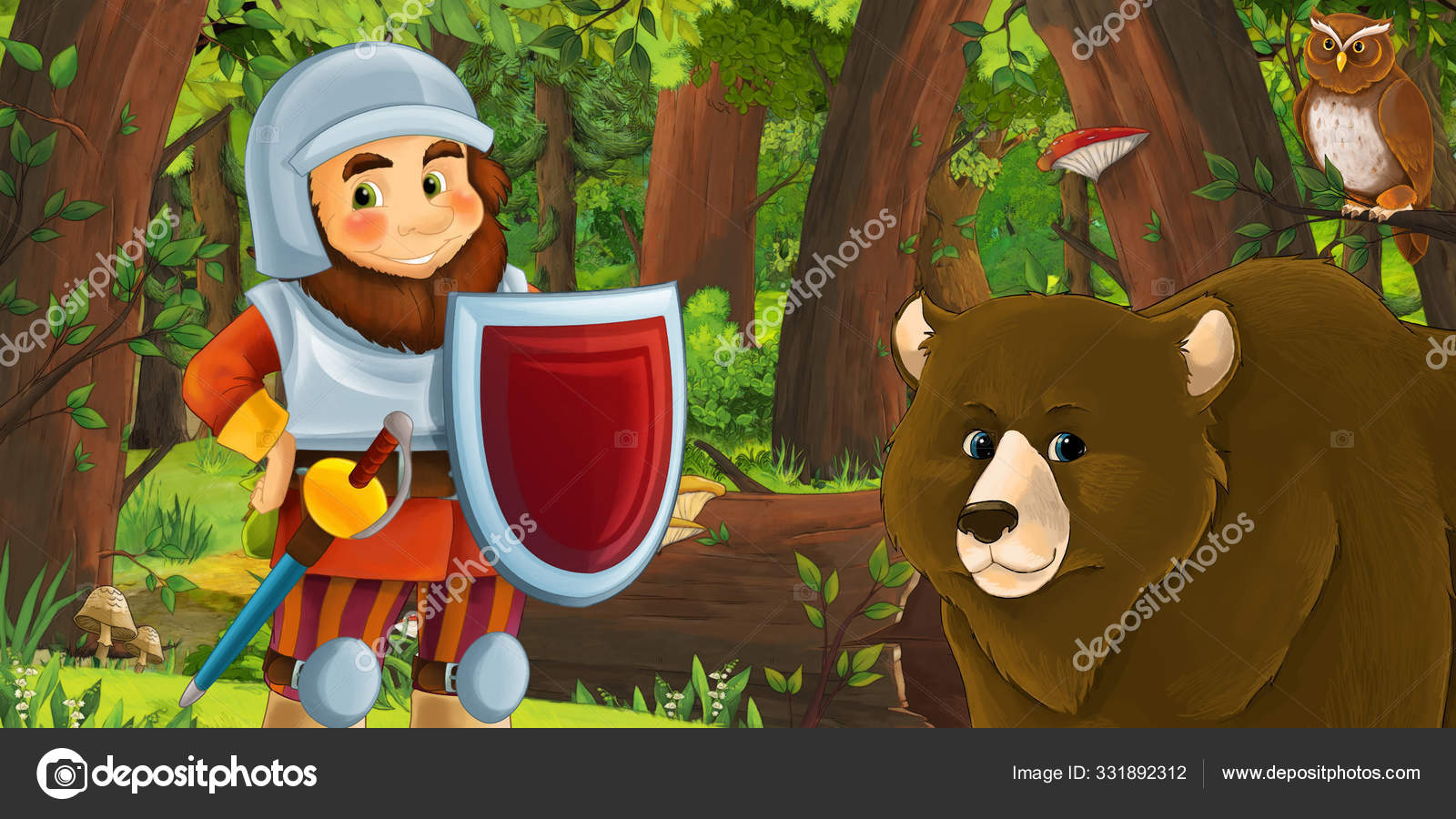 Cartoon scene with happy dwarf in the forest near some owls bird Stock ...