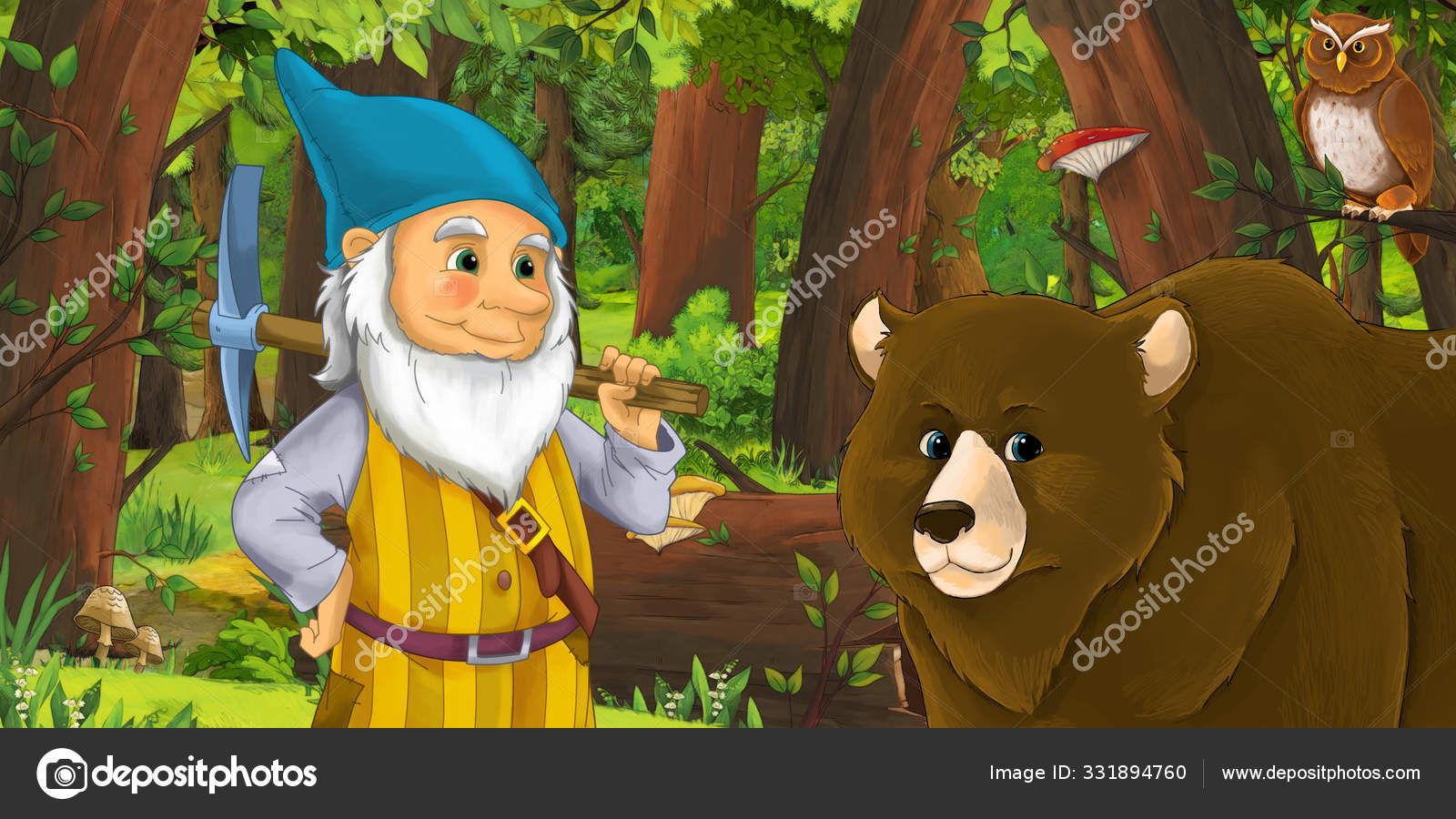 Cartoon scene with happy dwarf in the forest near some owls bird Stock ...