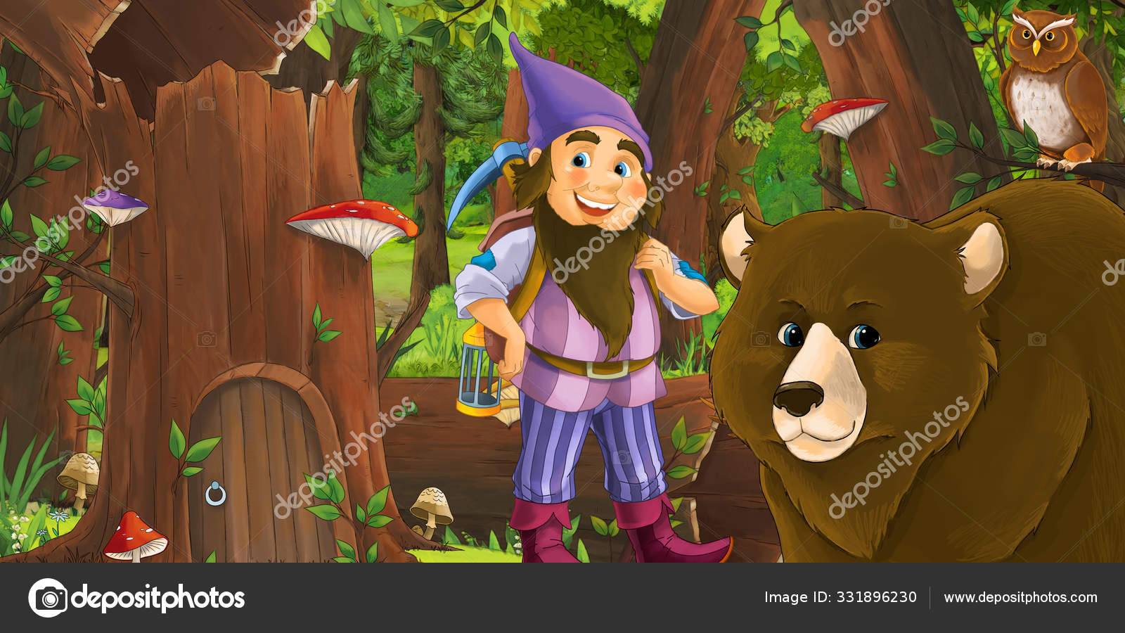 Cartoon scene with happy dwarf in the forest near some house in Stock ...