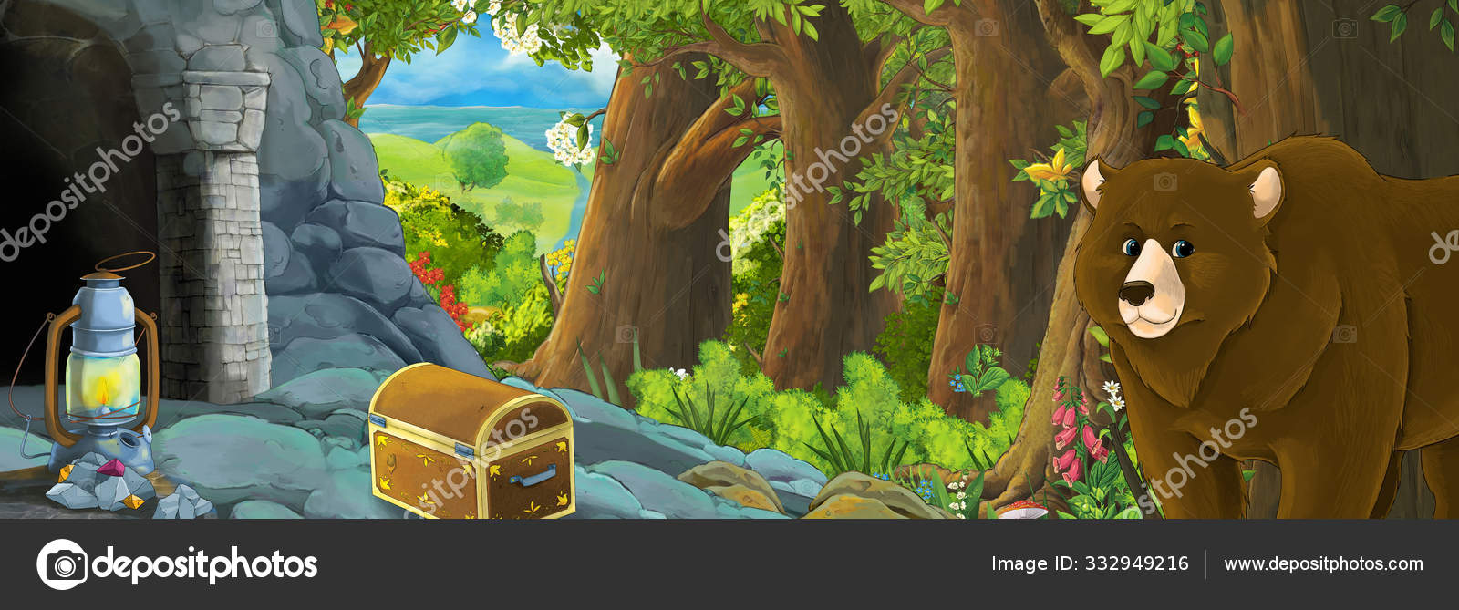 Cartoon scene with eagle bird in the forest with hidden entrance ...