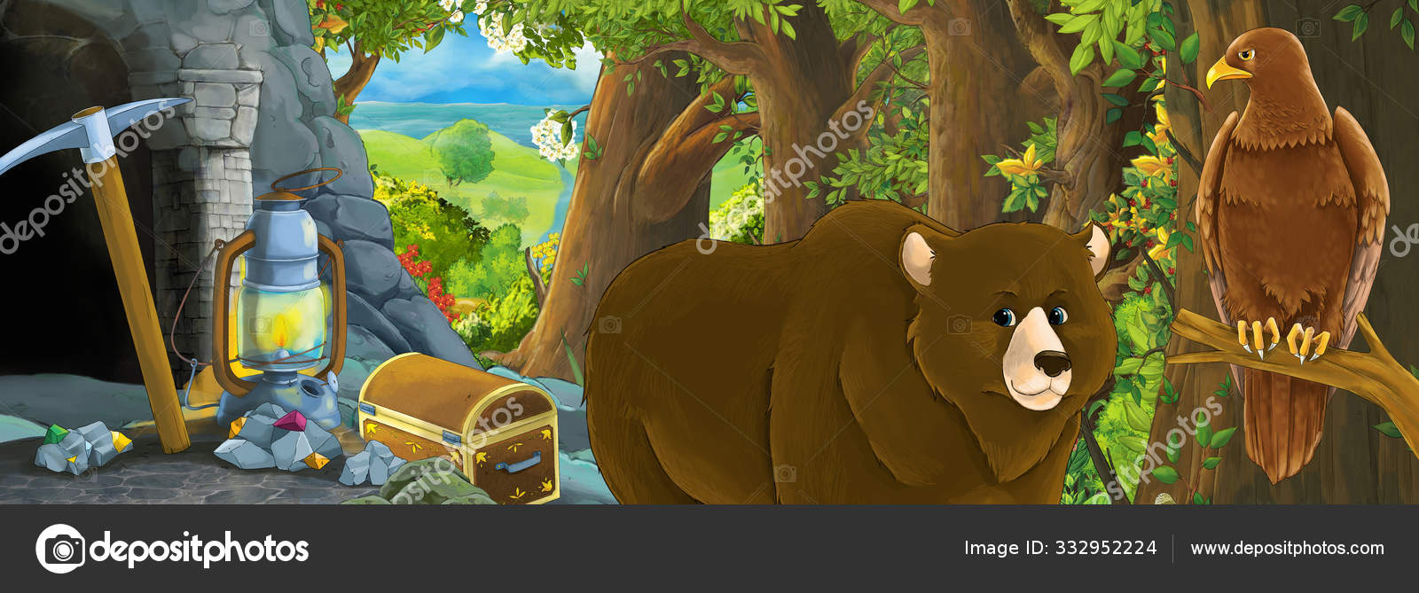 Funny cartoon scene with eagle bird in the forest with hidden en ...