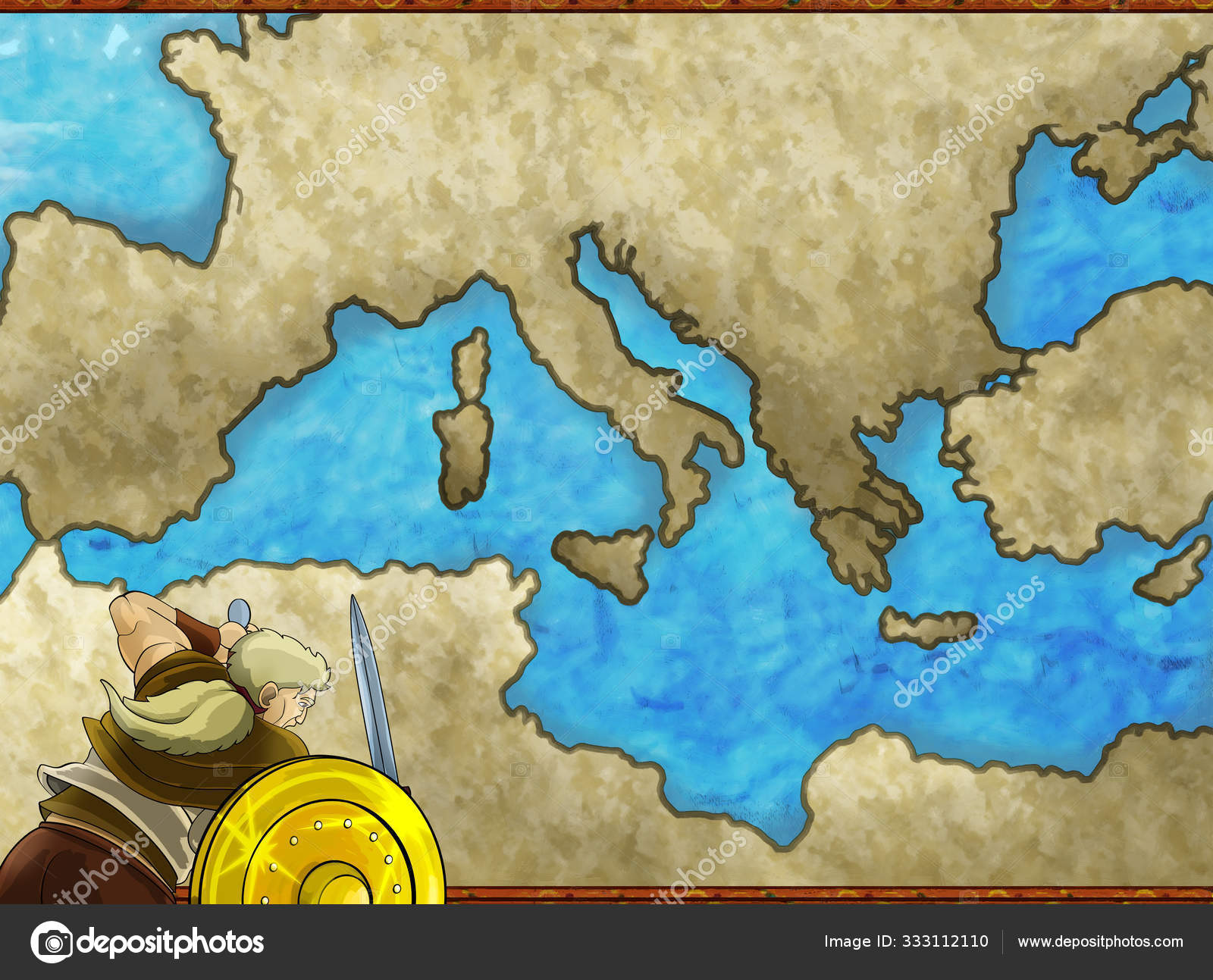 Cartoon map scene with greek or roman character or trader merchant with ...