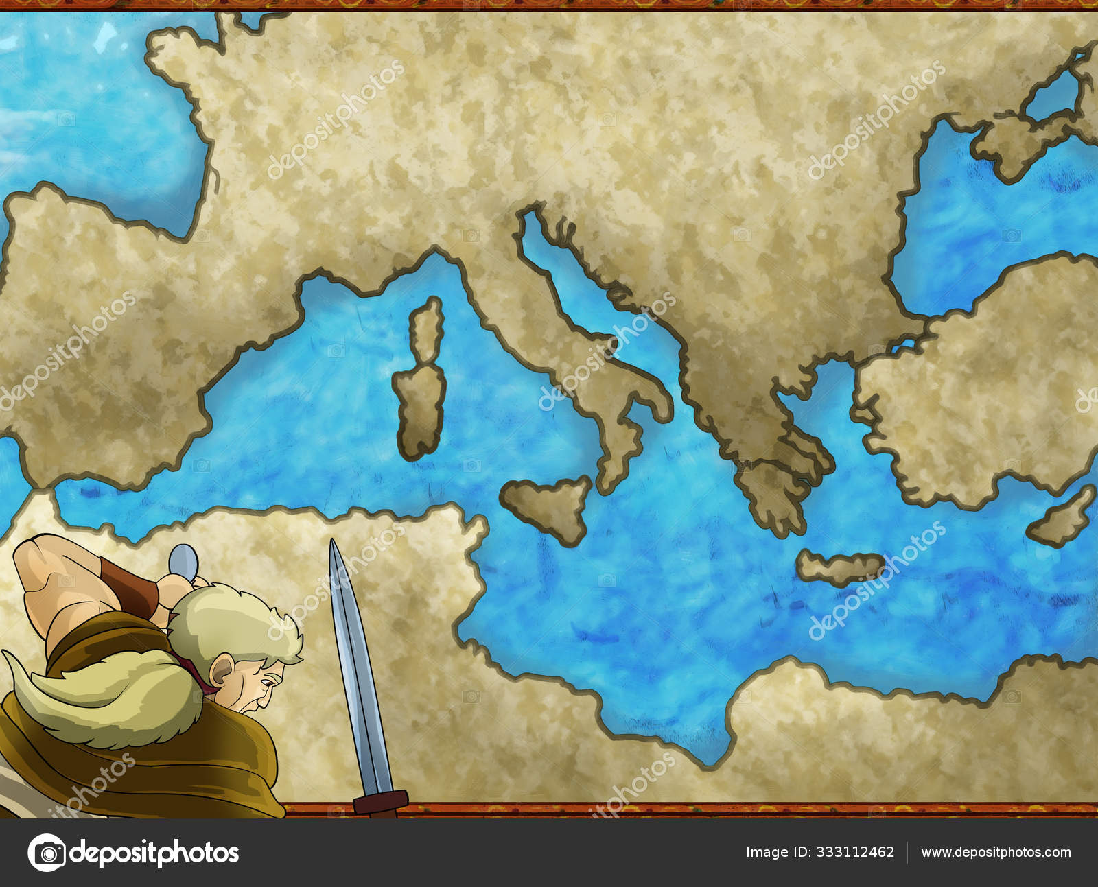 Cartoon map scene with greek or roman character or trader merchant with ...
