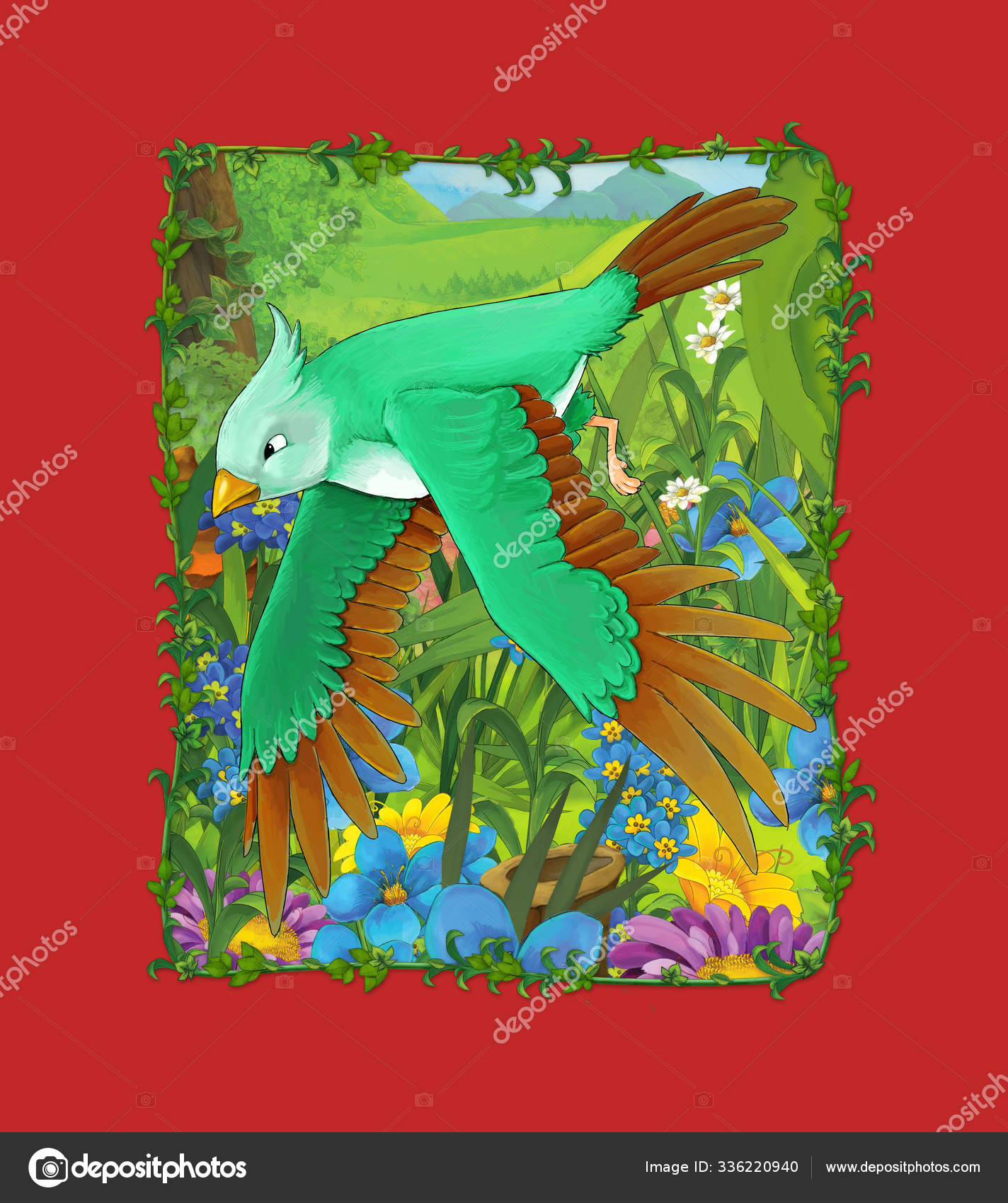 Cartoon scene with beautiful bird on the meadow illustration Stock ...