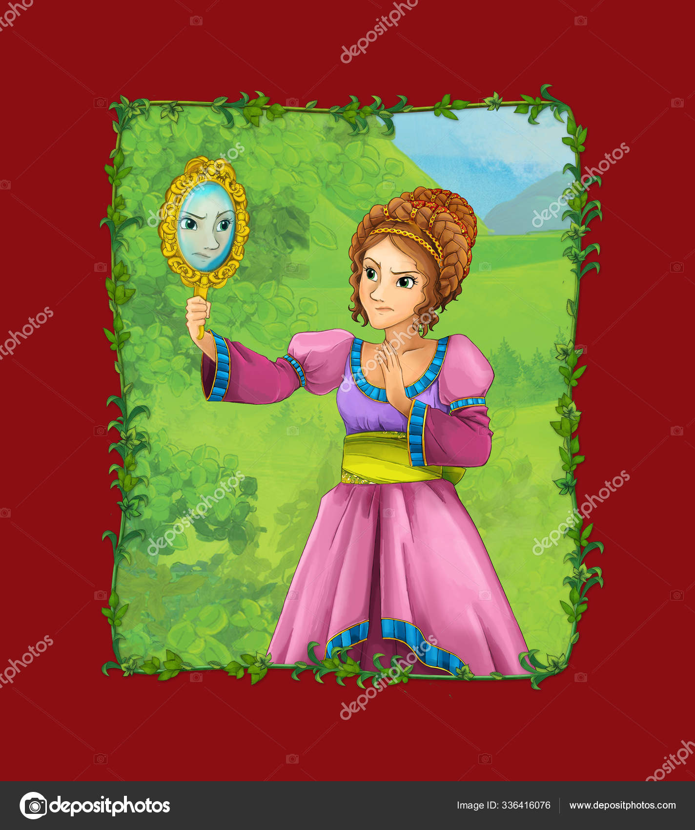 Cartoon scene with princess queen on the meadow Stock Photo by ...