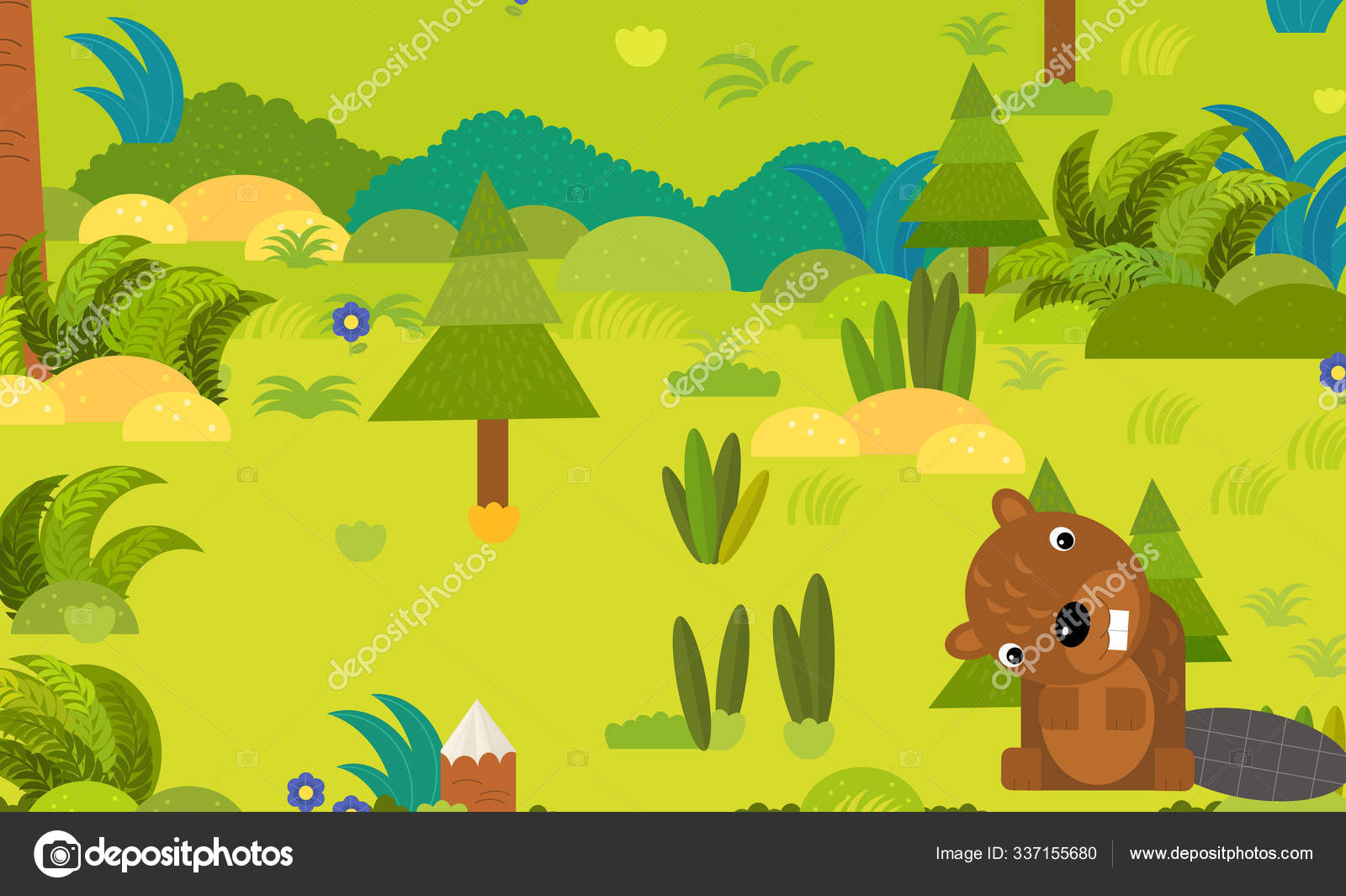 Cartoon forest scene with wild animal beaver illustration Stock ...