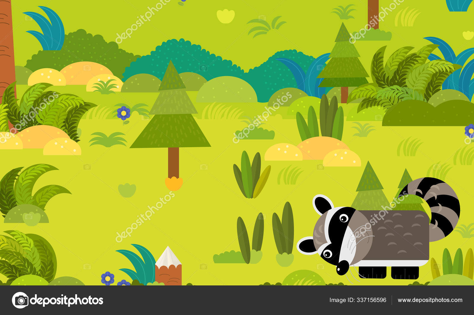Cartoon forest scene with wild animal raccoon illustration Stock ...