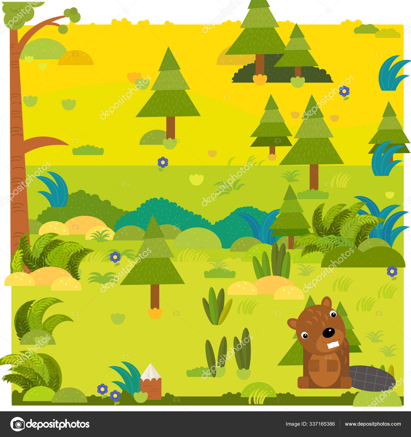 Cartoon forest scene with wild animal beaver illustration Stock ...