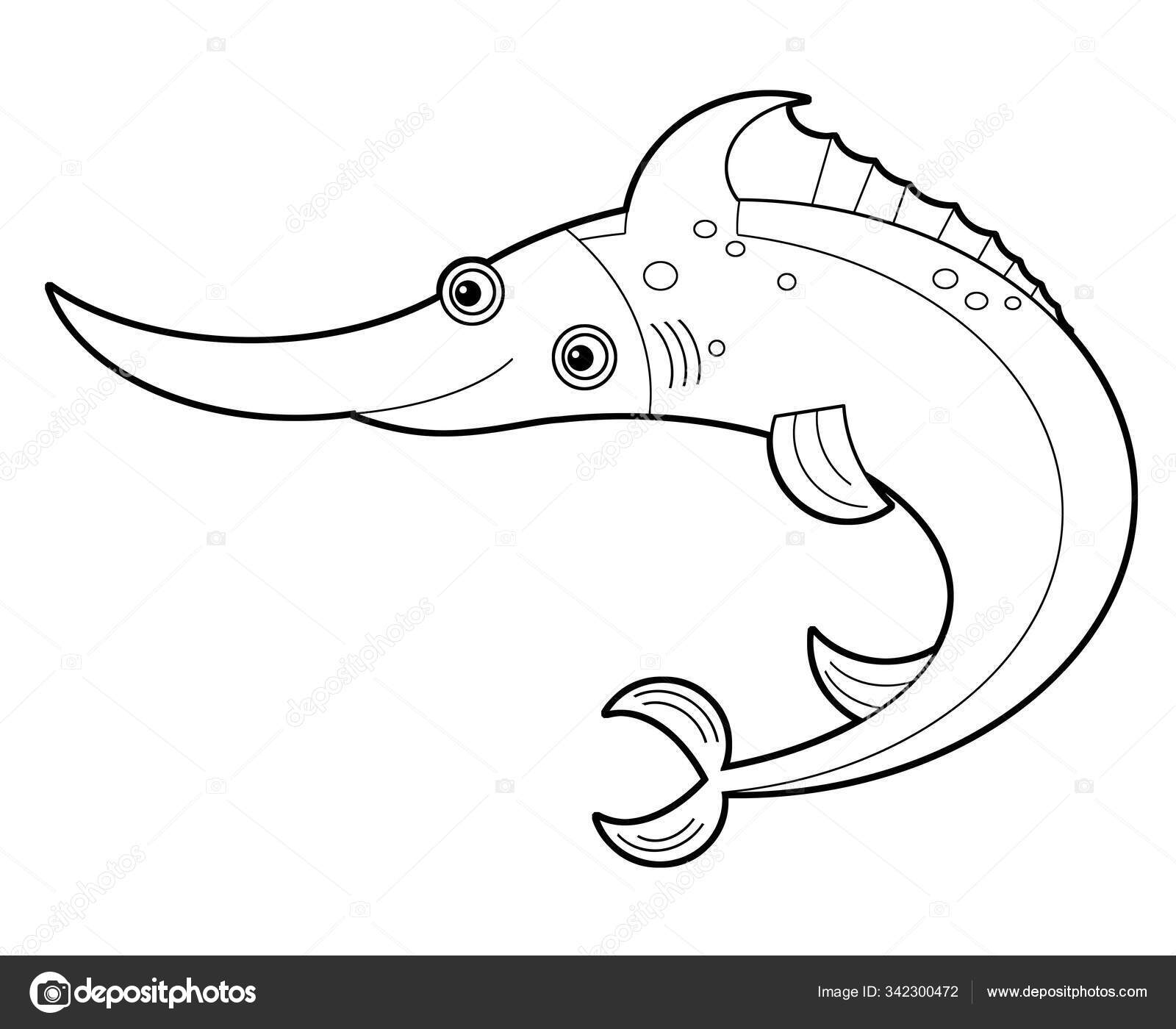 Cartoon underwater scene with swimming coral reef fish swordfish Stock ...