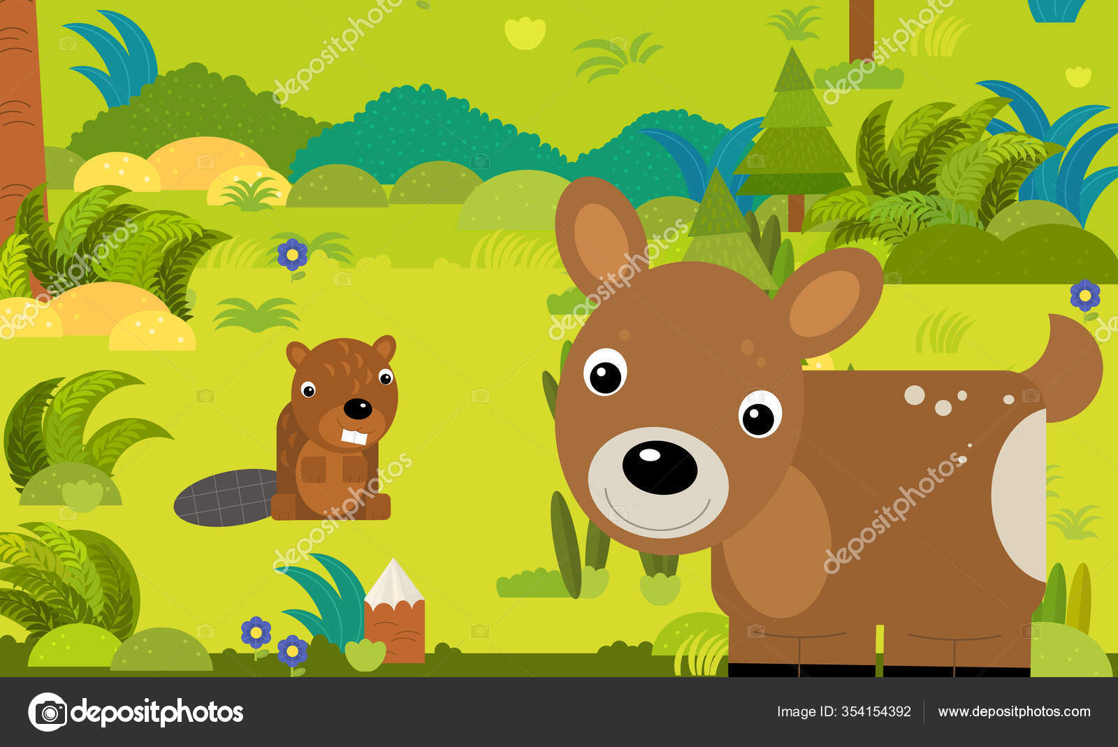 Cartoon Scene Different European Animals Forest Illustration Children ...