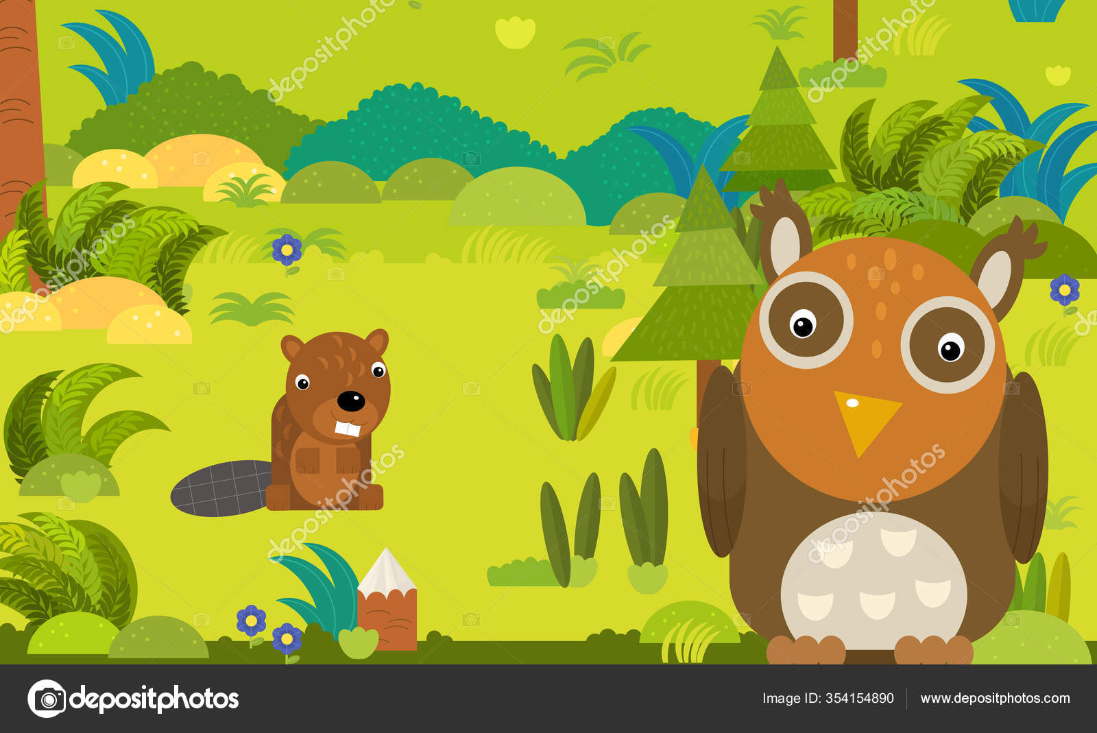 Cartoon Scene Different European Animals Forest Illustration Children ...
