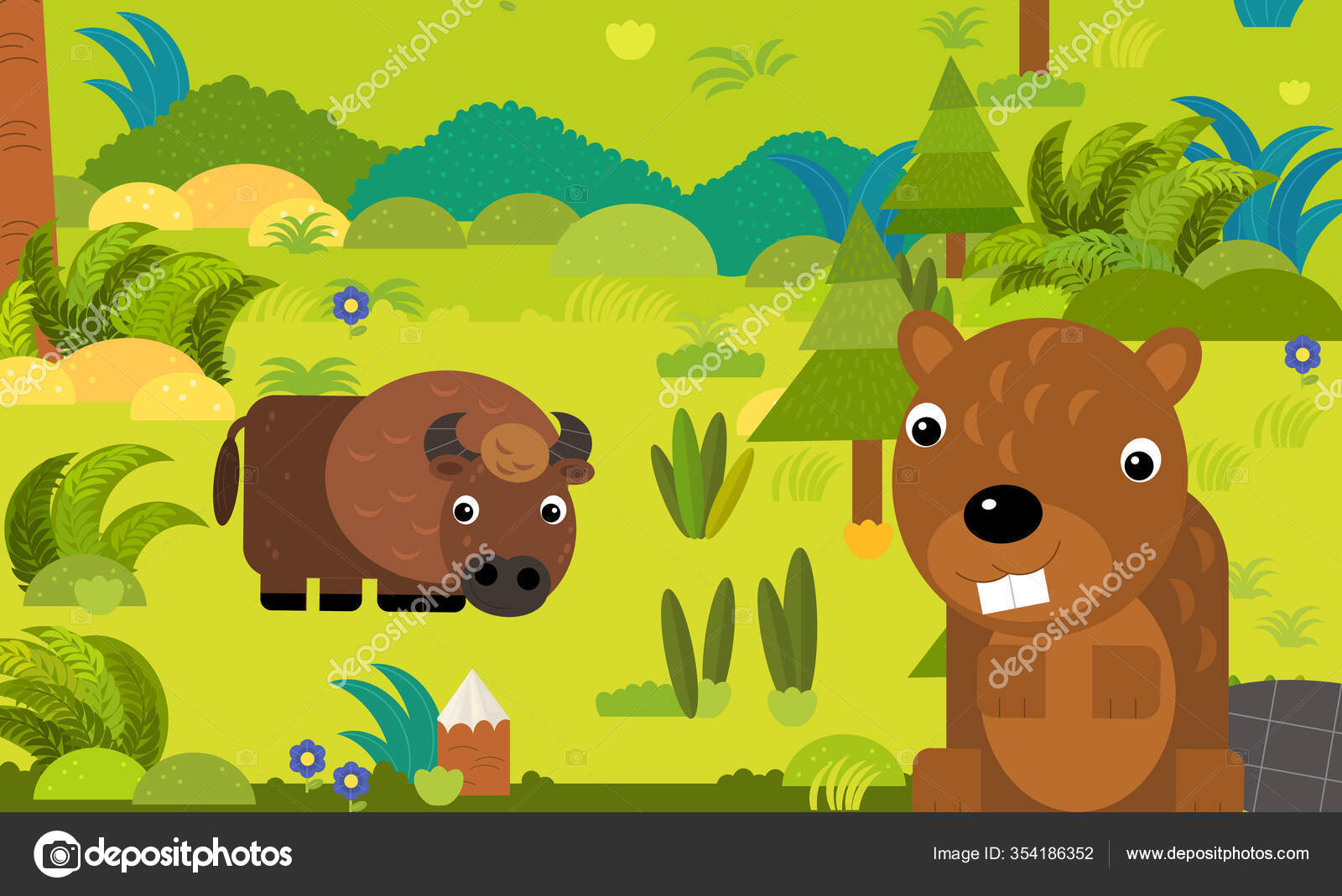 Cartoon Scene Different European Animals Forest Illustration Children ...