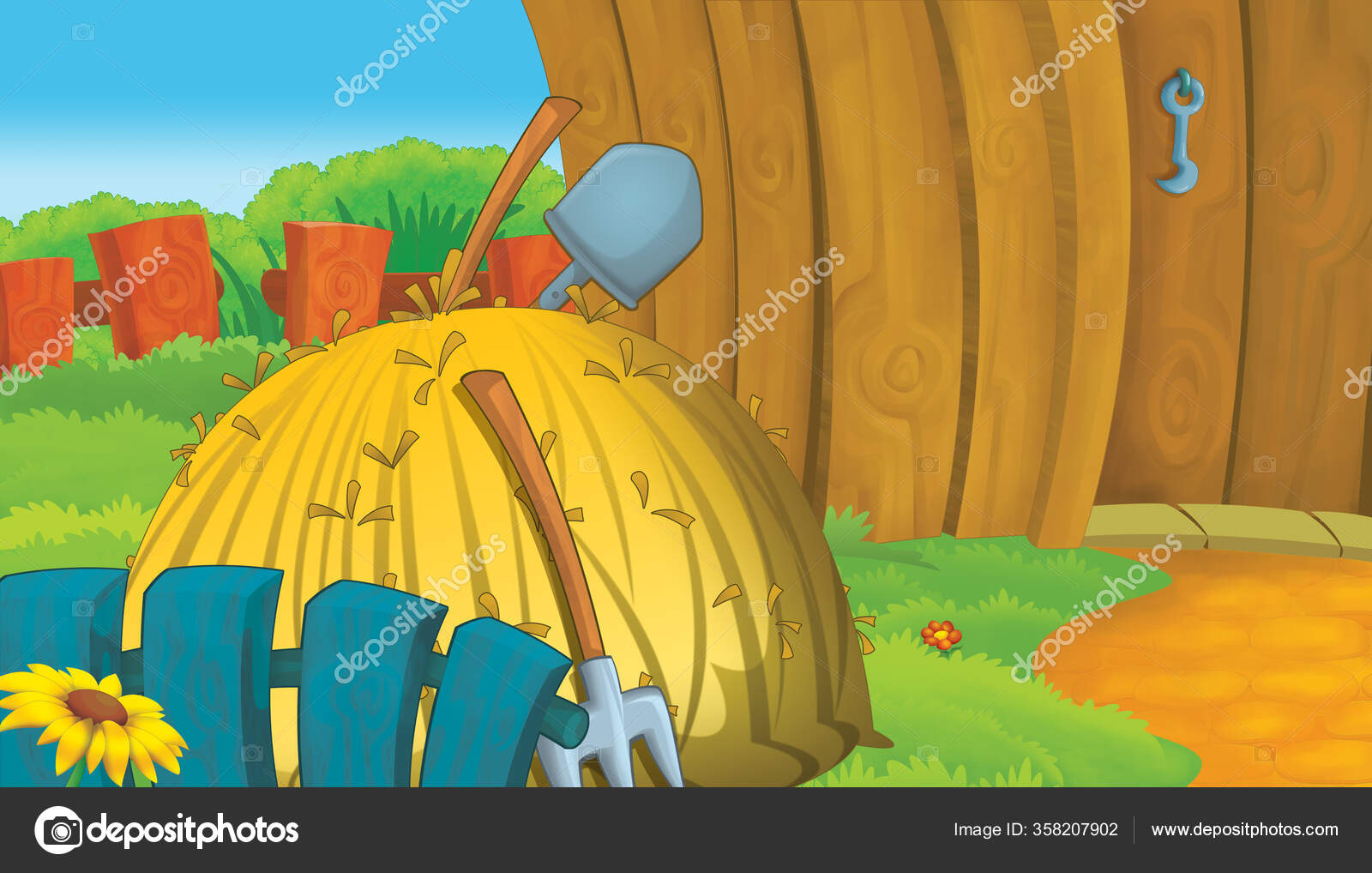 Escena Colorida Dibujos Animados Con Granja Rancho Patio Trasero Para ...