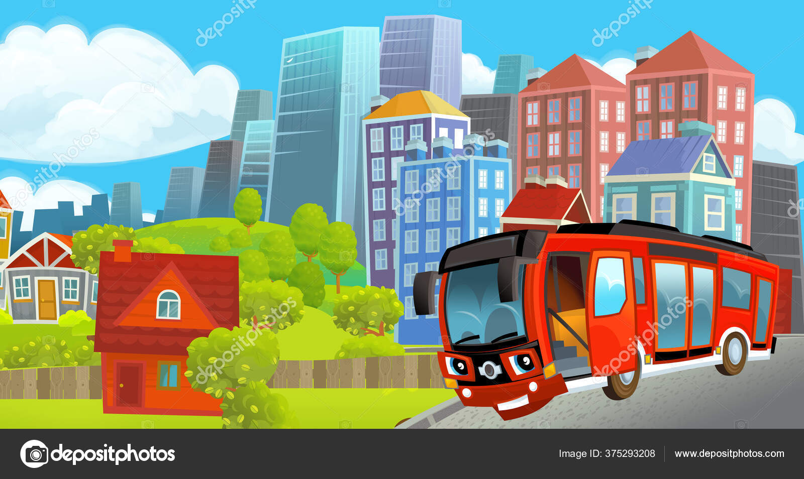 Cartoon Happy Funny Scene Middle City Bus Driving Illustration Children ...