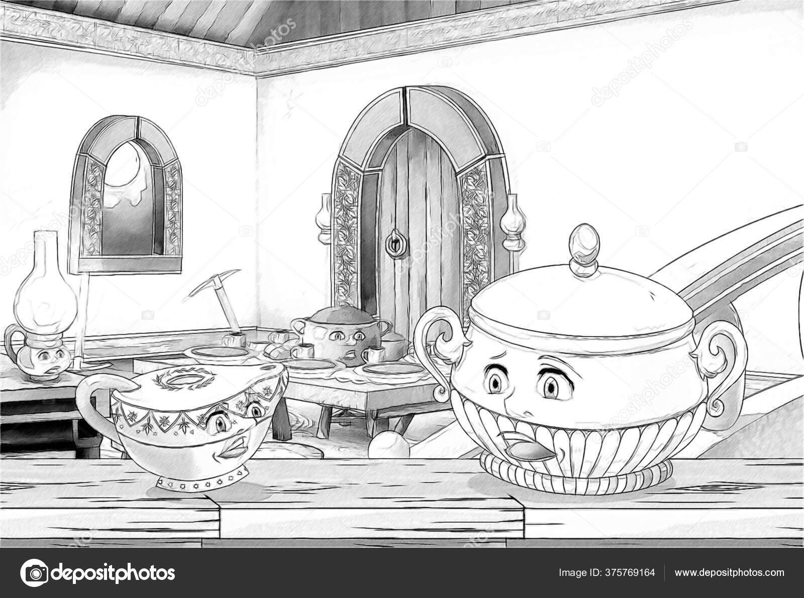 Cartoon Scene Old Traditional Kitchen Magical Living Dishes ...