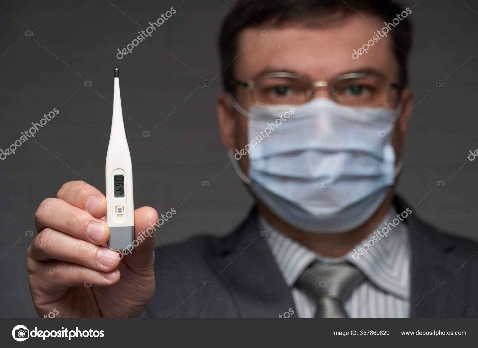 Man Measures Body Temperature Thermometer Has Good His Health Status ...