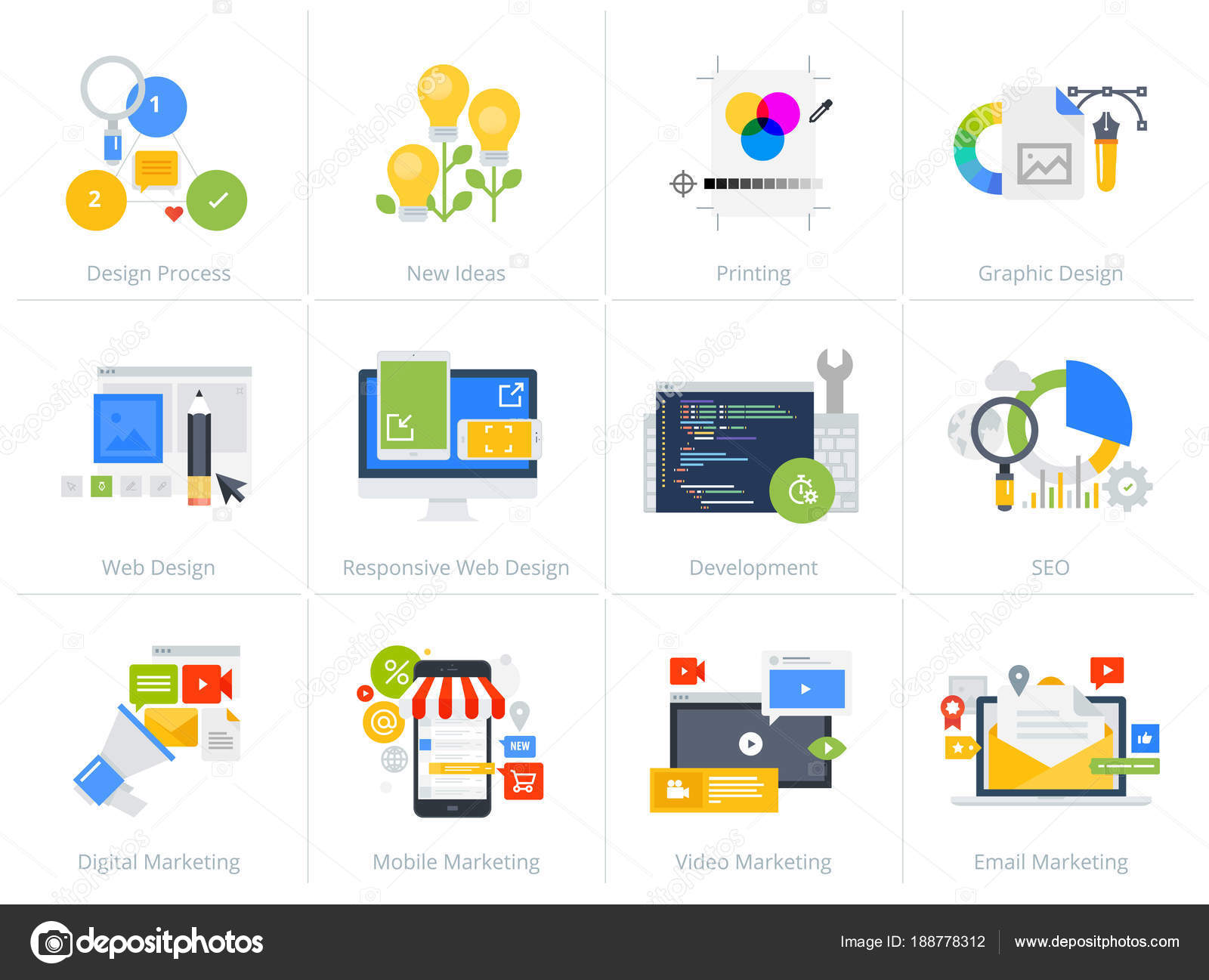 Set Flat Design Style Concept Icons Isolated White Vector Illustrations ...