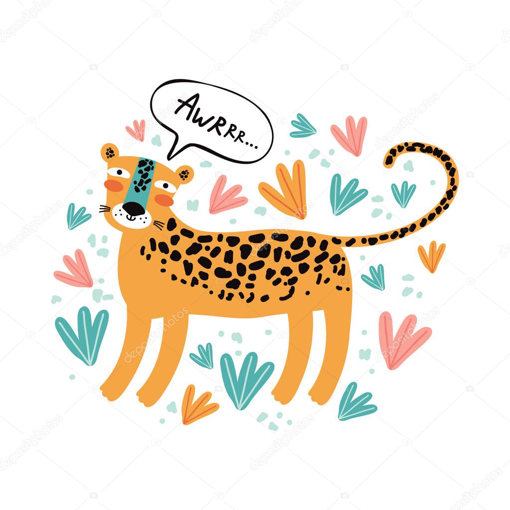 El personaje es un lindo leopardo en los trópicos. Ilustración ...