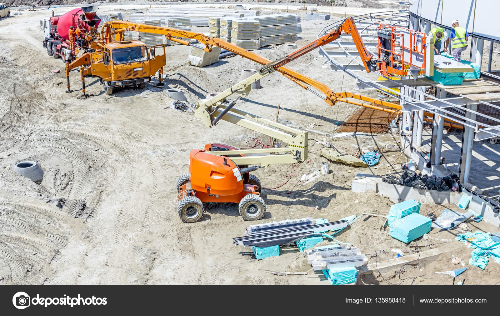 Above view on process of concrete transport over pump Stock Photo by ...