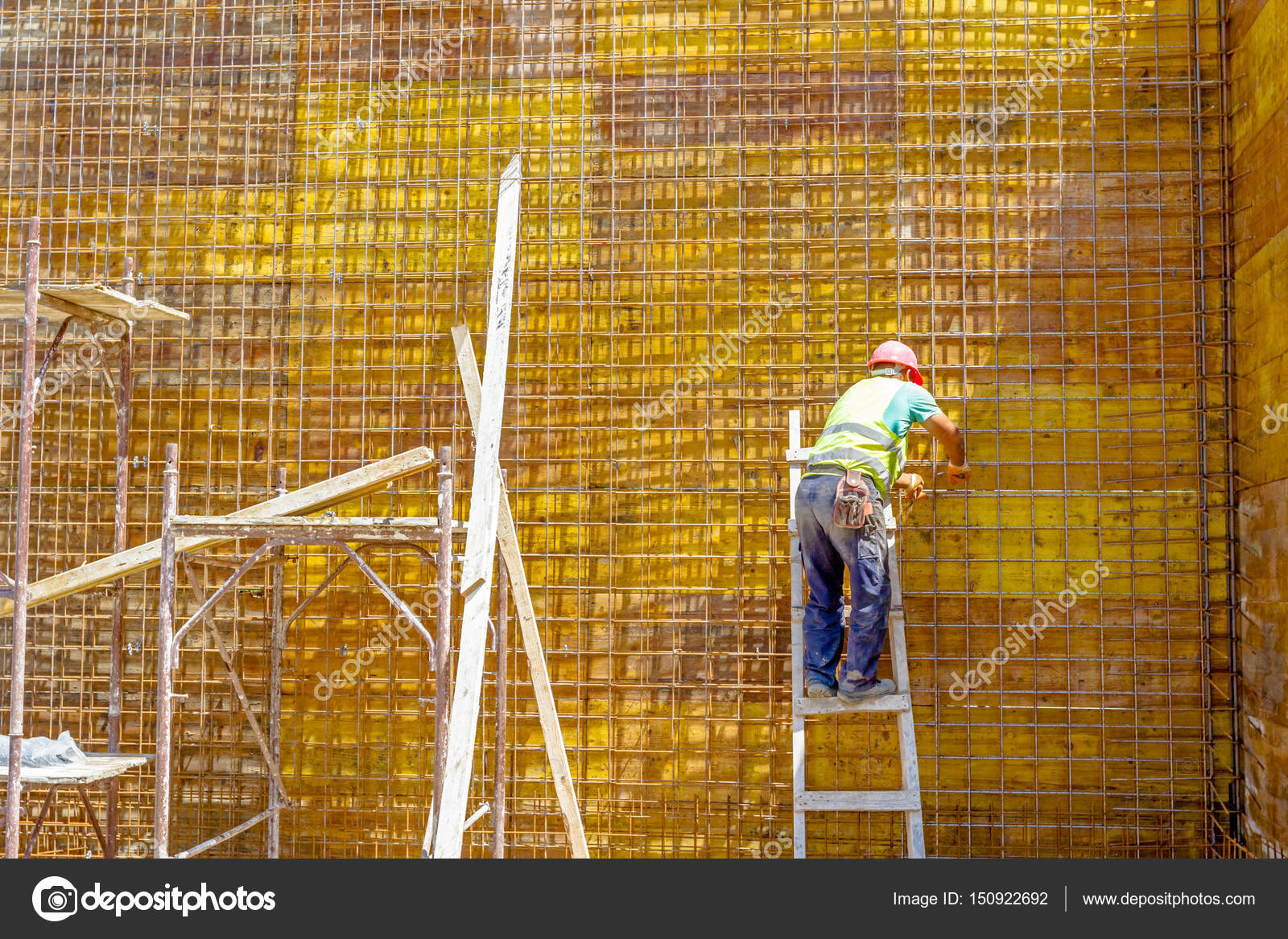 Worker is tying rebar to make a newly reinforcing grid in wooden mold ...