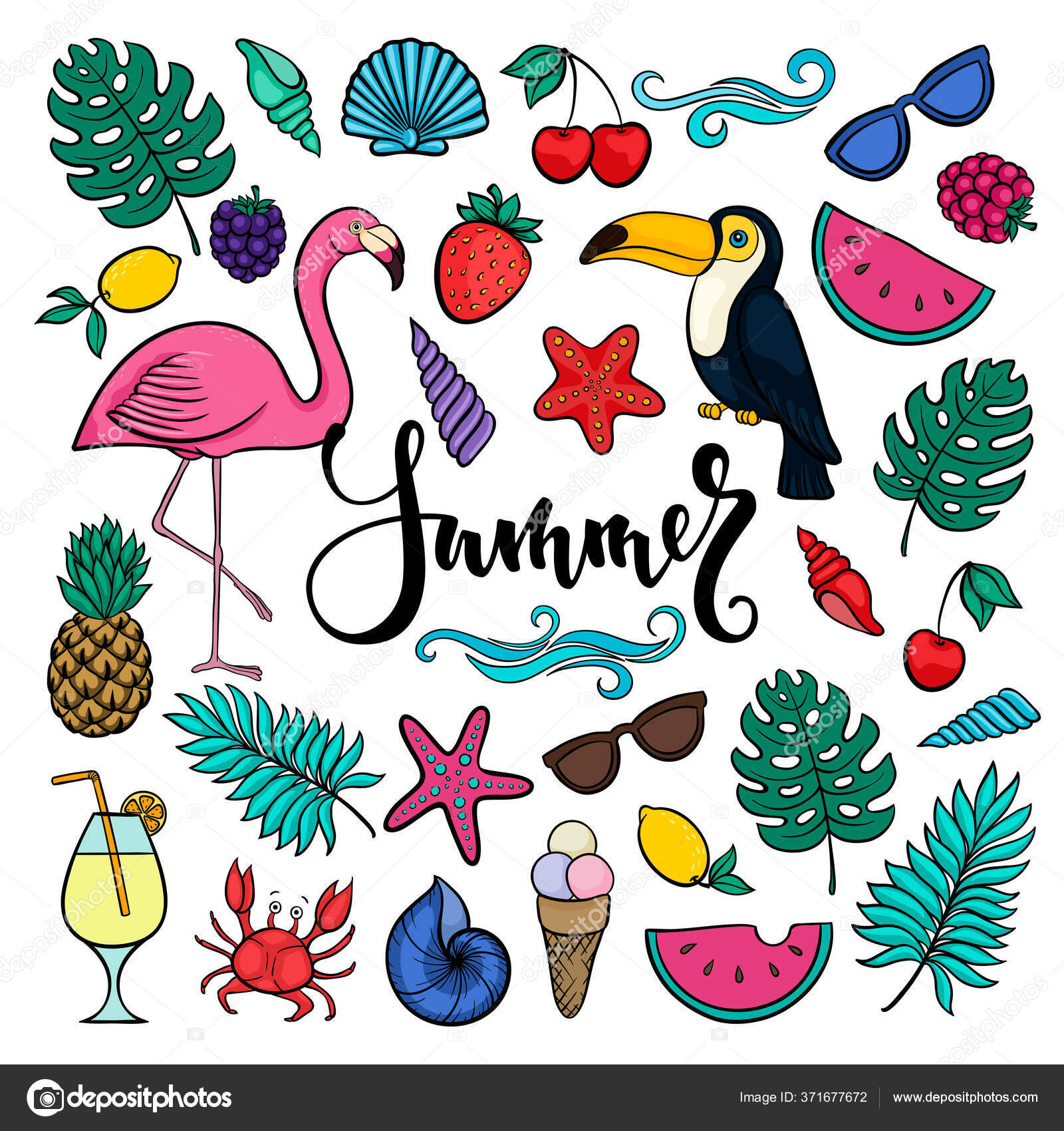 Big Set Hand Drawn Cute Cartoon Summer Symbols Objects Wrapping — Stock ...