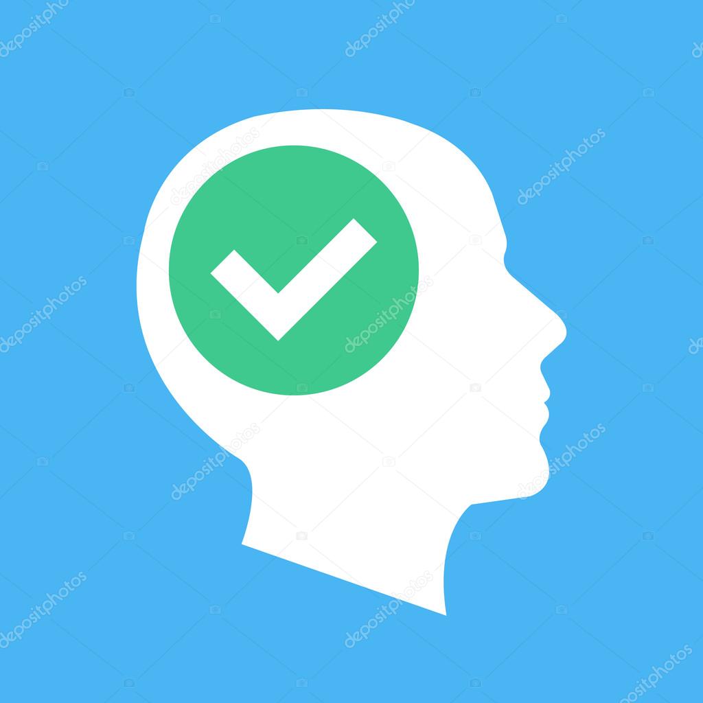 White human head silhouette and green checkmark icon. Tick in green ...
