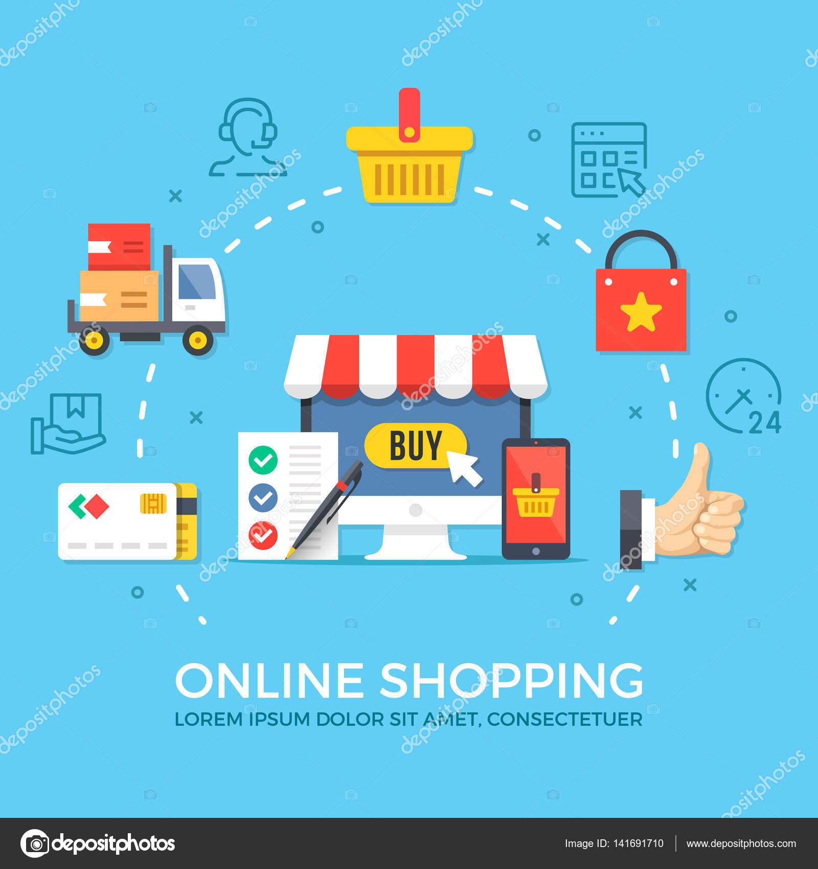 Online shopping. Flat design graphic elements, signs, symbols, line ...