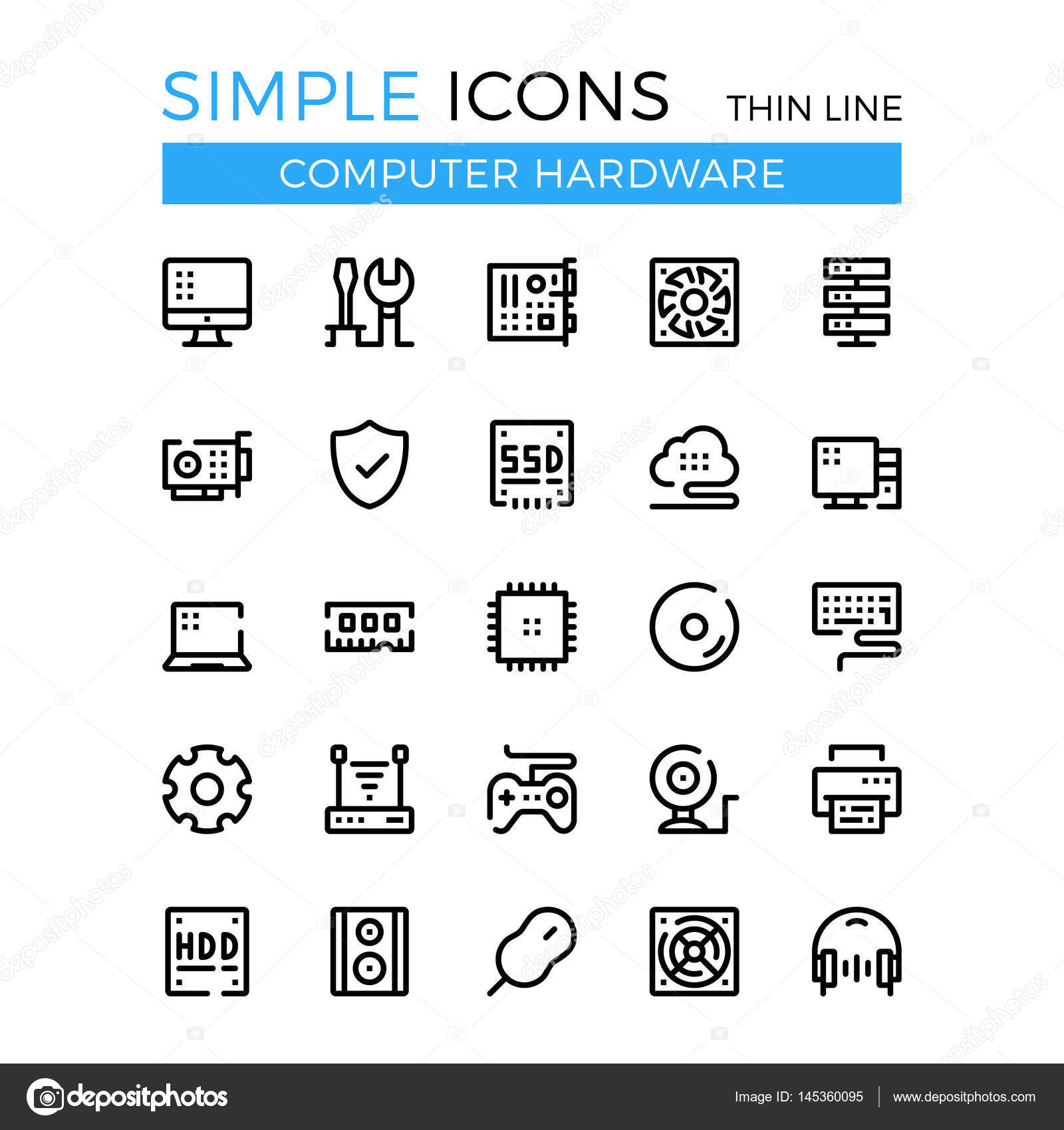 Computer hardware, PC parts and components vector thin line icons set ...