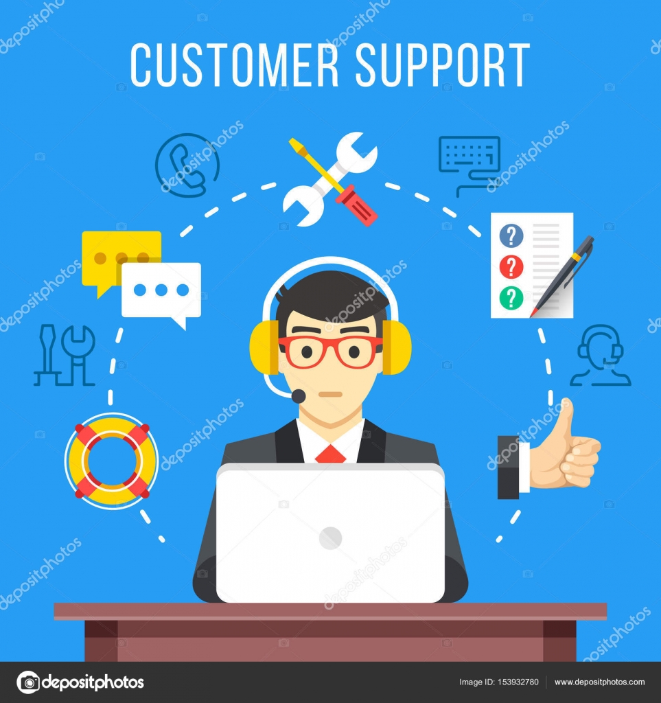 Customer support. Call center operator with headset at computer. Flat ...