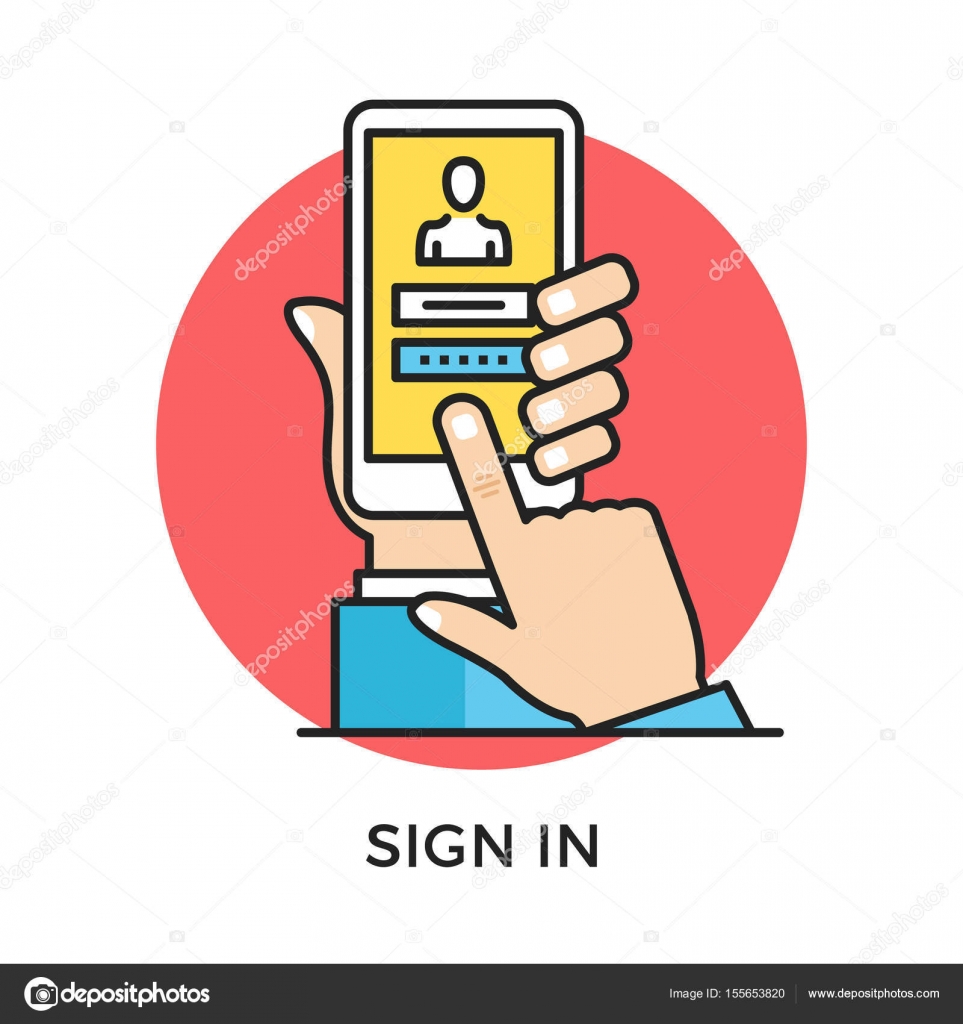 Sign in icon. Hand holding smartphone with login page and login and ...