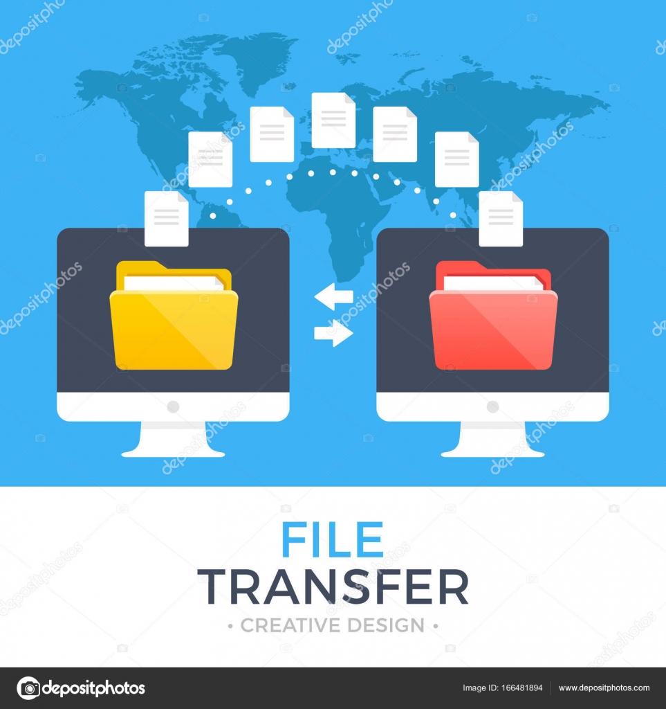 File transfer. Two computers with folders on screen and transferred ...