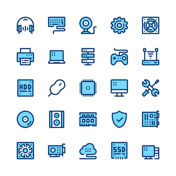 Computer hardware, PC parts and components vector thin line icons set. 32x32 px. Modern line ...