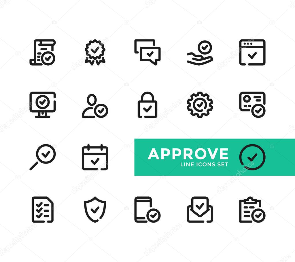 Aprobar conjunto de iconos de línea. Pixel Perfecto. Colección de símbolos de contorno moderno ...